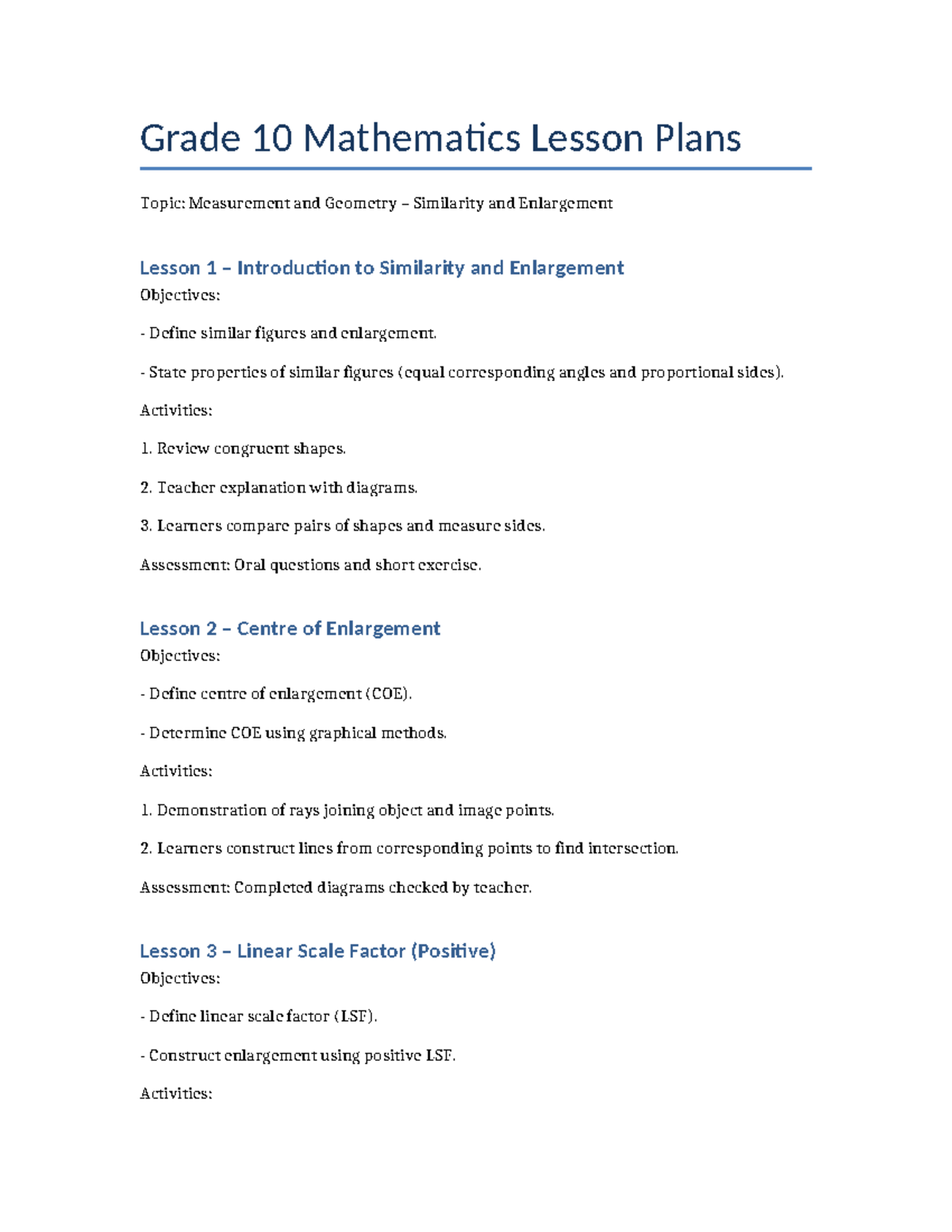 Grade 10 Math Lesson Plans: Similarity & Enlargement Overview - Studocu
