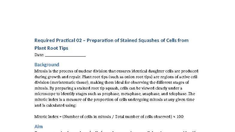 Required Practical 02: Mitosis in Plant Root Tips - Studocu