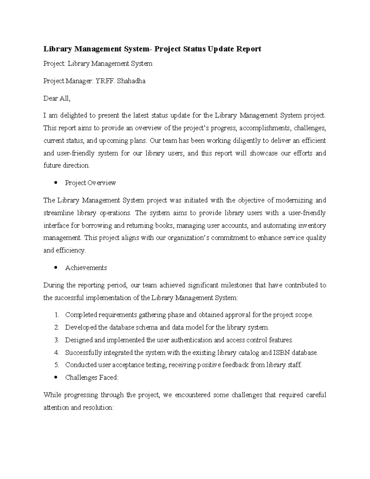 Library Management System Project Status Update Report - YRFF - Studocu