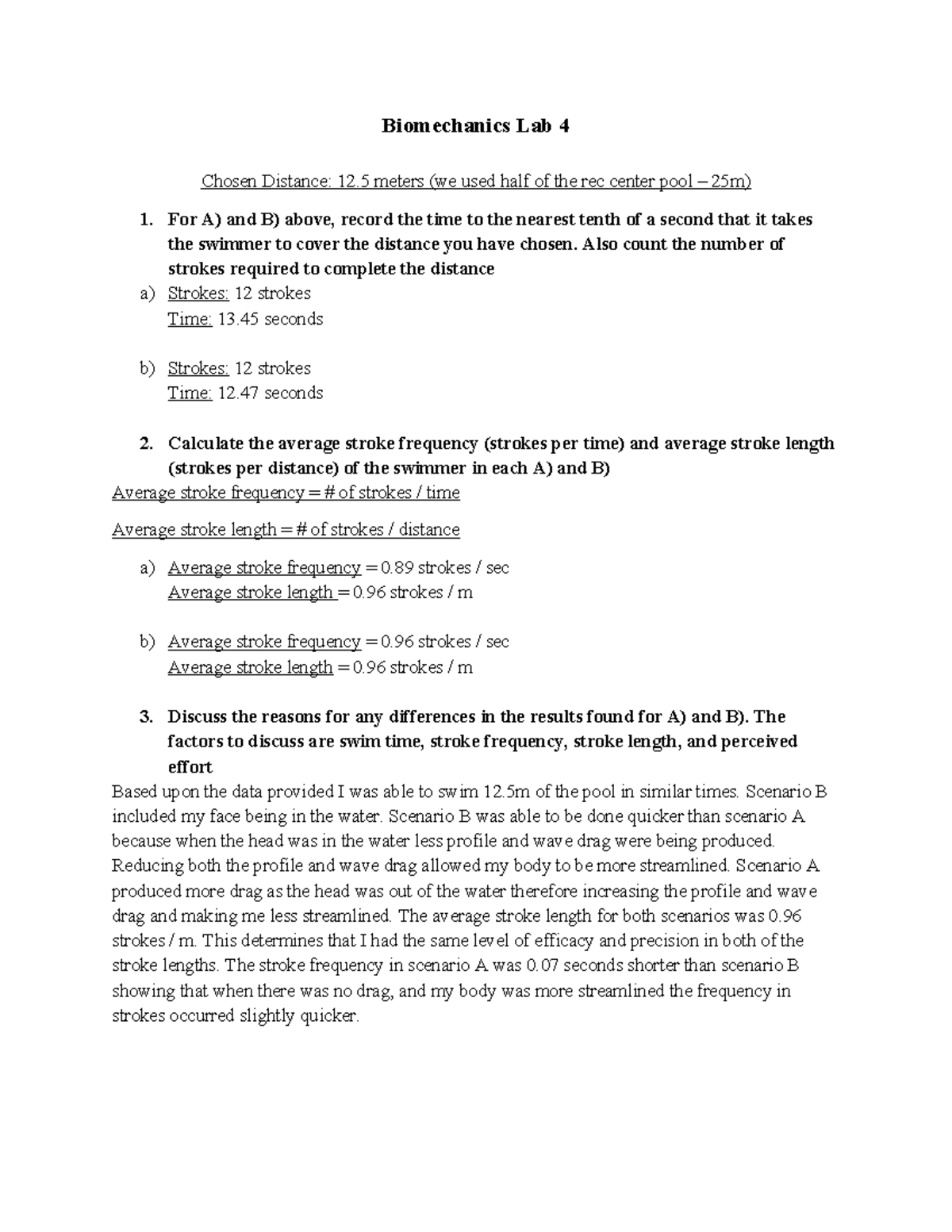 KIN 2241 Lab Four 2024 - Biomechanics Lab 4 Chosen Distance: 12 meters ...