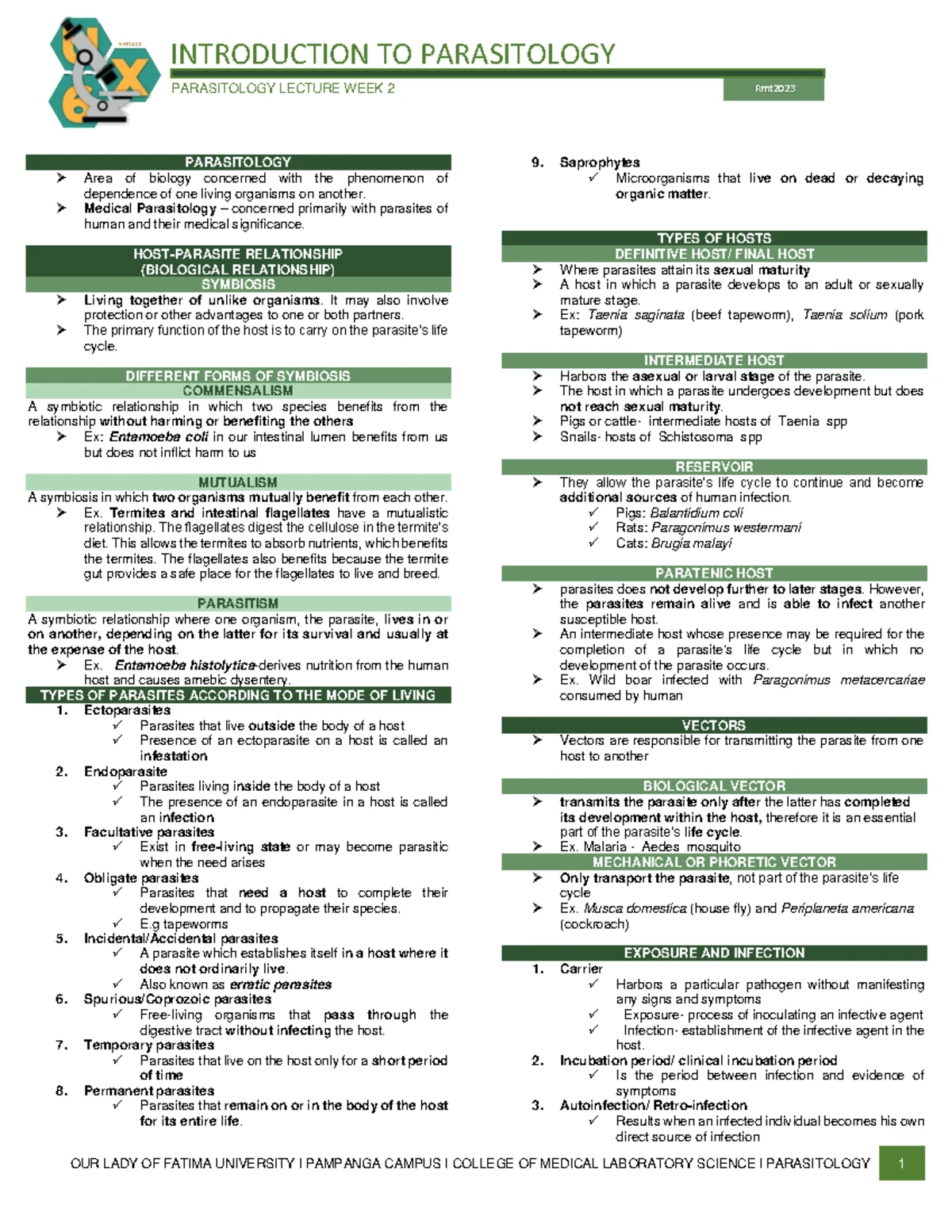 CLINICAL PARASITOLOGY - WEEK 1 - INTRODUCTION TO PARASITOLOGY ...