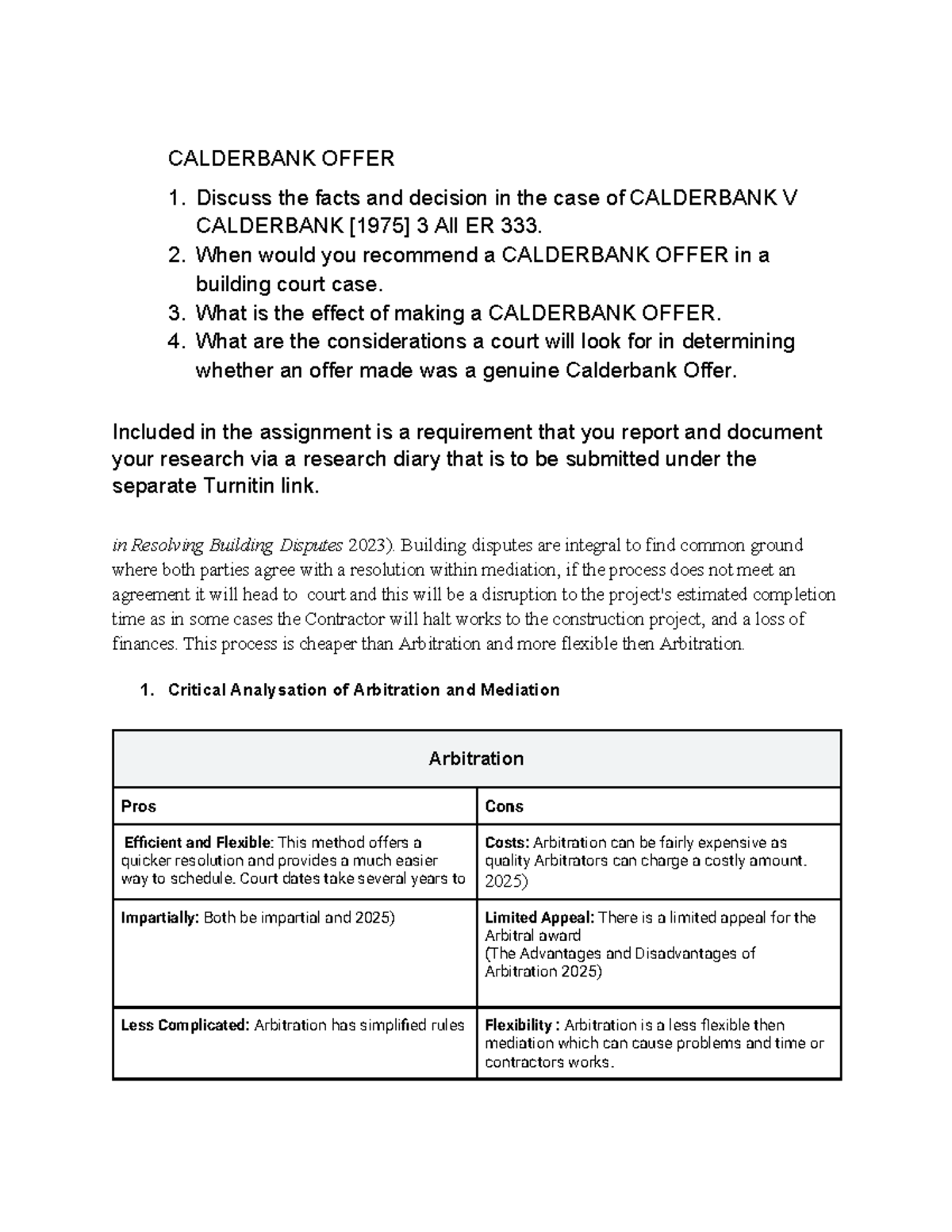 Building Law Assignment 2: Analyzing Calderbank Offers in Disputes ...