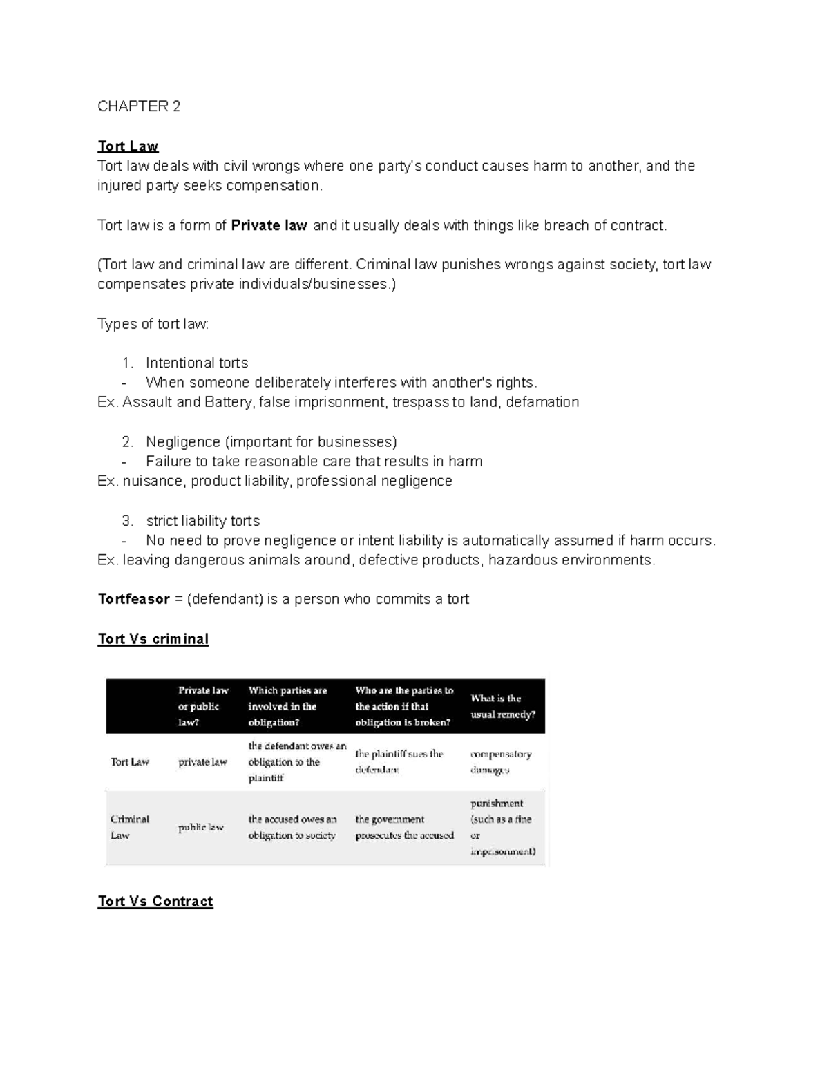 Law 122: Chapter 2 - Understanding Tort Law and Its Implications - Studocu