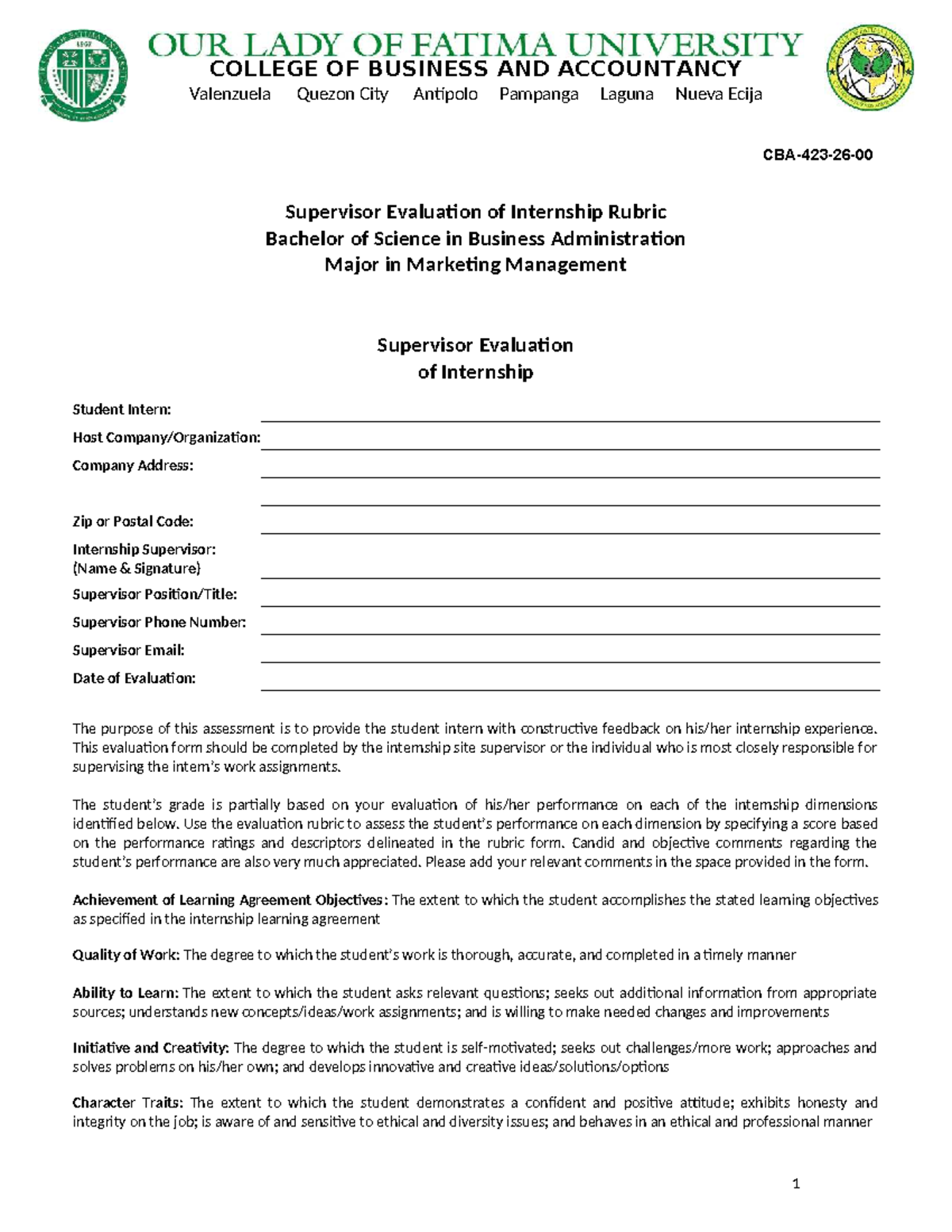 BSBA Marketing Management Internship Evaluation Rubric - Studocu