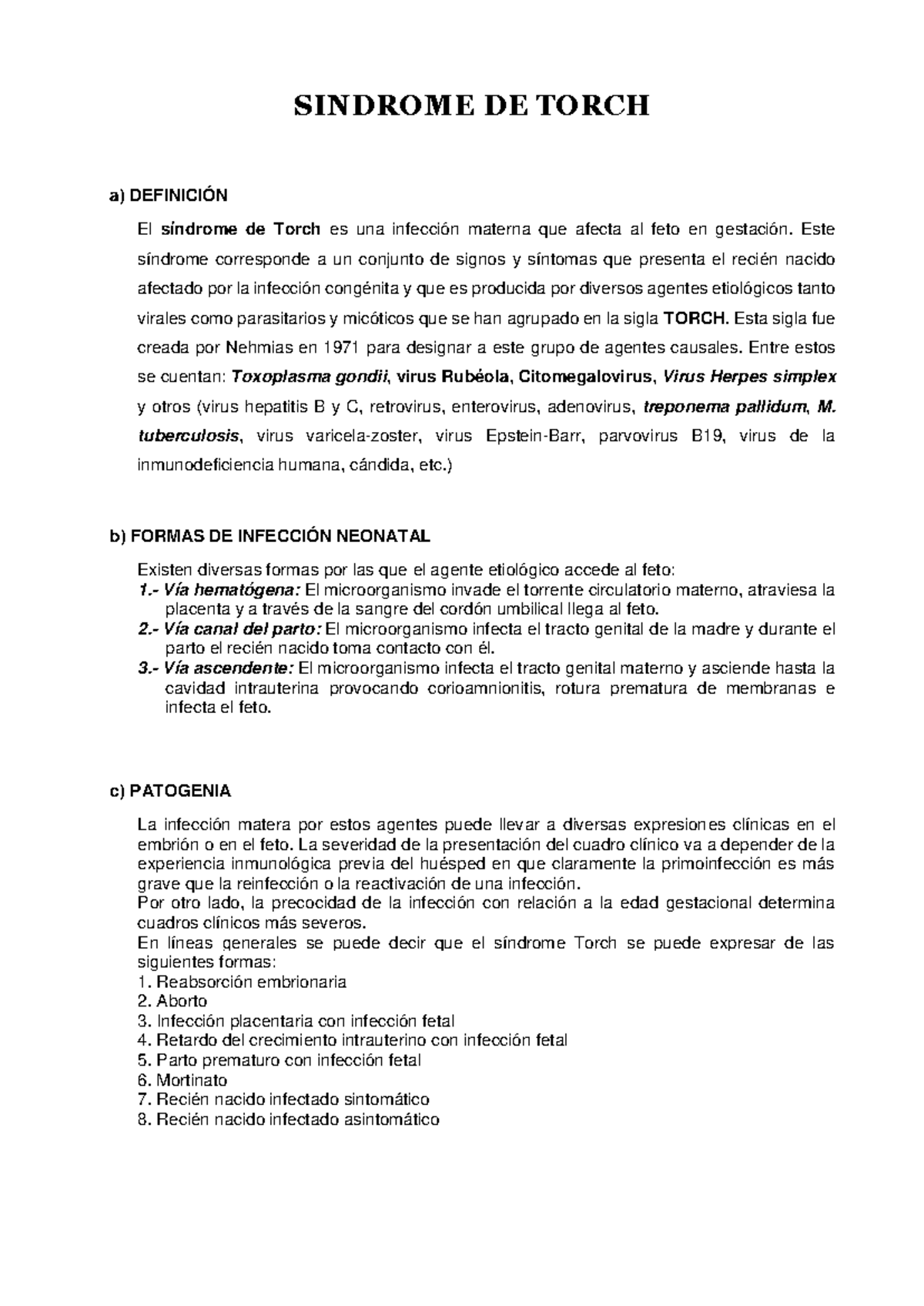 Analisis Clinico II-1 - Clínico - SINDROME DE TORCH a) DEFINICIÓN El ...