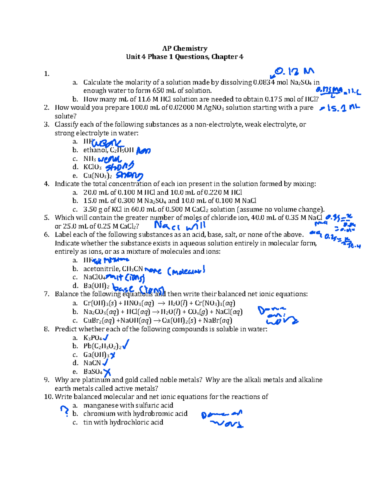 Unit 4 Phase 1 - Ch4 - Unit 4 - AP Chemistry Unit 4 Phase 1 Questions ...
