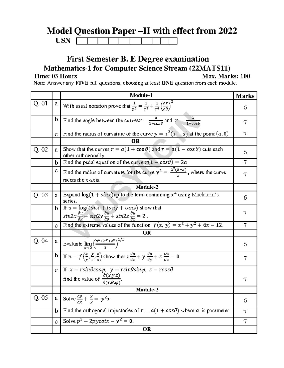 BMATS101 - Model Question Paper Solutions for 1st Sem B.E. (CS) - Studocu