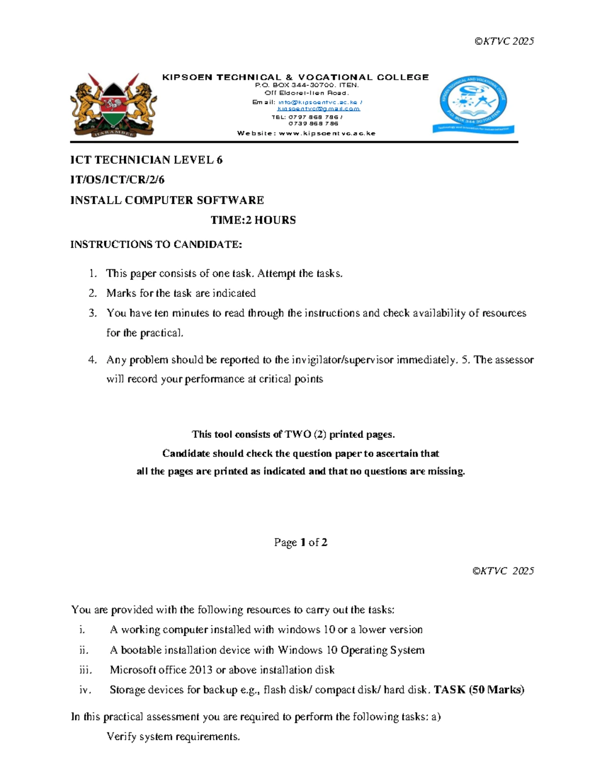 PRAC 1 - INSTALL COMPUTER SOFTWARE - ©2024 TVET CDACC Page 1 of 2 061005T4ICT ICT TECHNICIAN ...