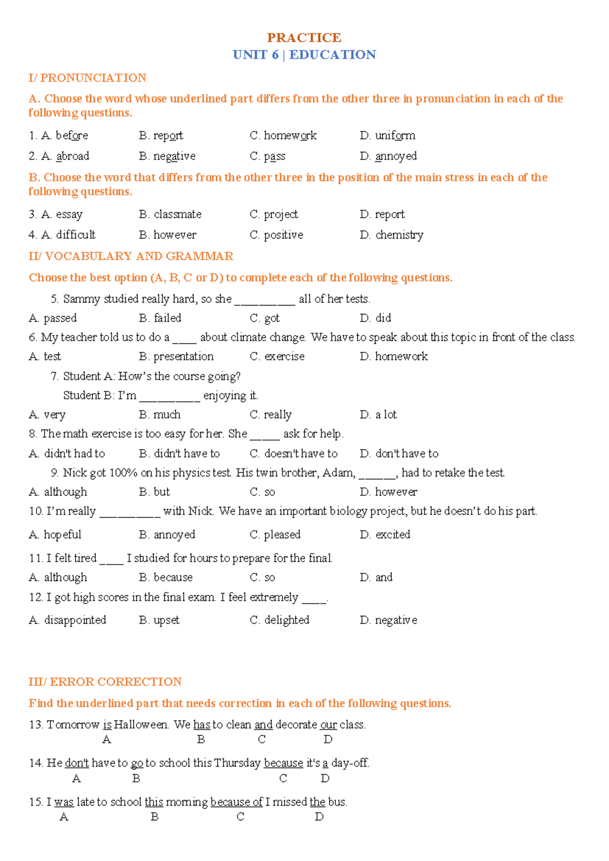 TIẾNG ANH 7 ILSW - Practice Unit 6: Pronunciation & Grammar Exercises ...