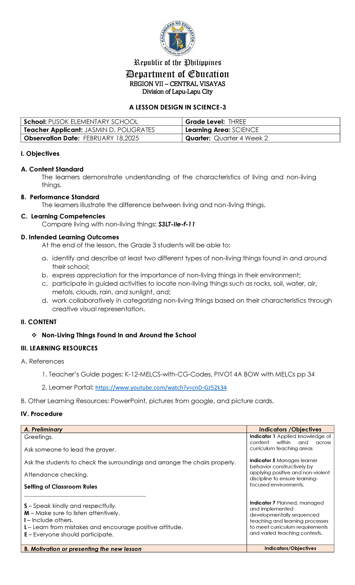 Lesson Plan for Grade 3 Science: Living vs Non-Living Things - Studocu