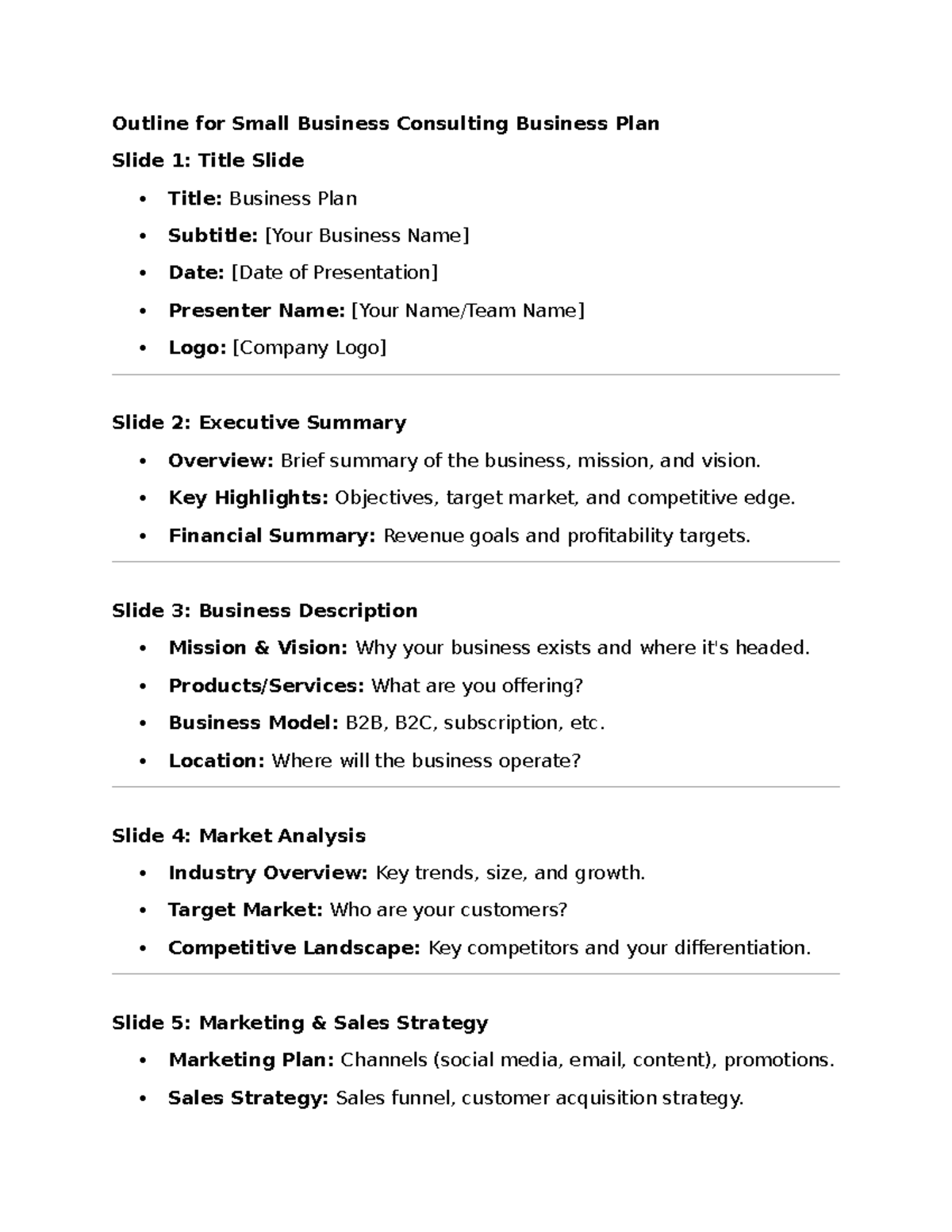 Outline for Small Business Consulting Business Plan - Key Highlights ...