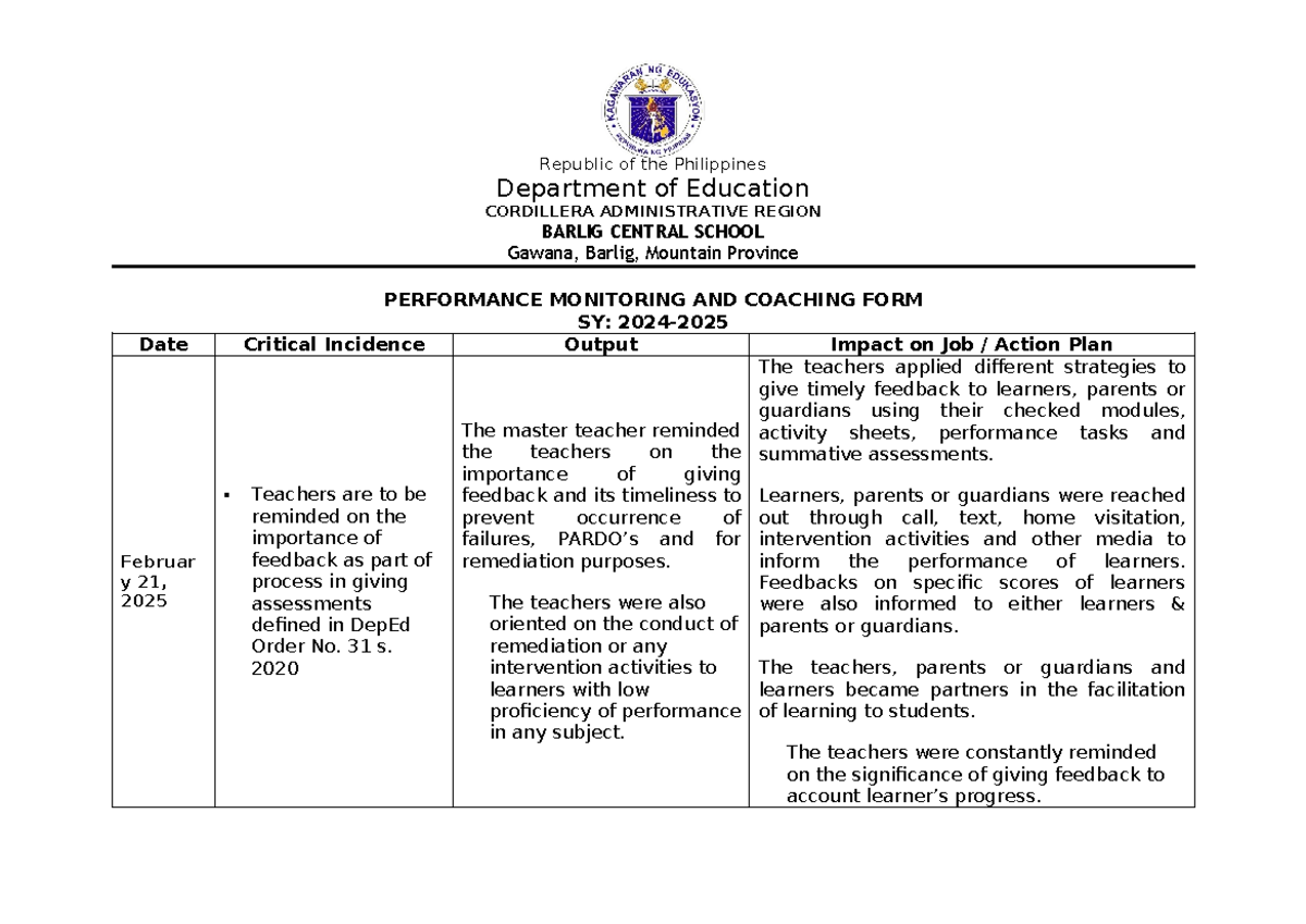 Performance Monitoring and Coaching Form (PMCF) SY 2025 - Studocu