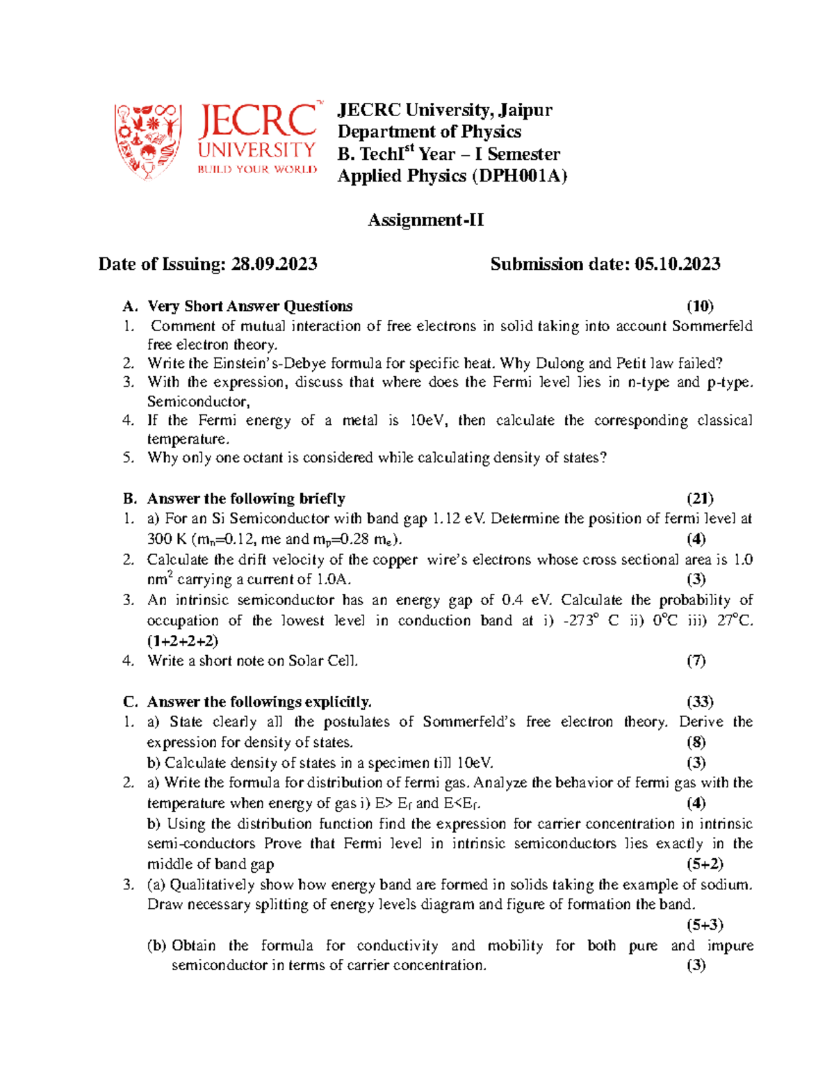 Assignment 2 - B.Tech CSE (DAM001AC): Applied Physics Concepts - Studocu