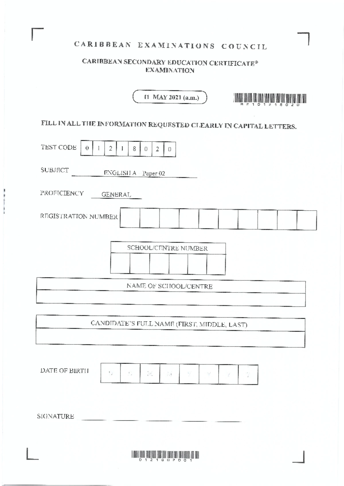 CSEC ENGLISH A Paper 01 General Proficiency Test Instructions - January ...