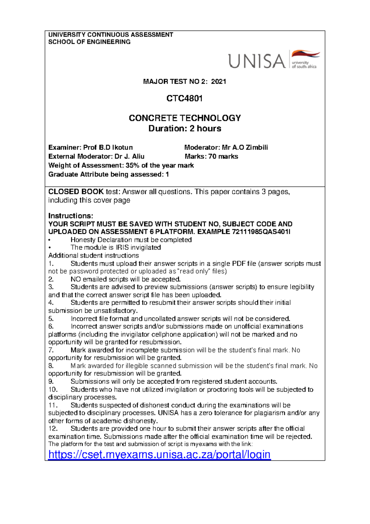 CTC4801 Major test 2 - Test Question paper - UNIVERSITY CONTINUOUS ...