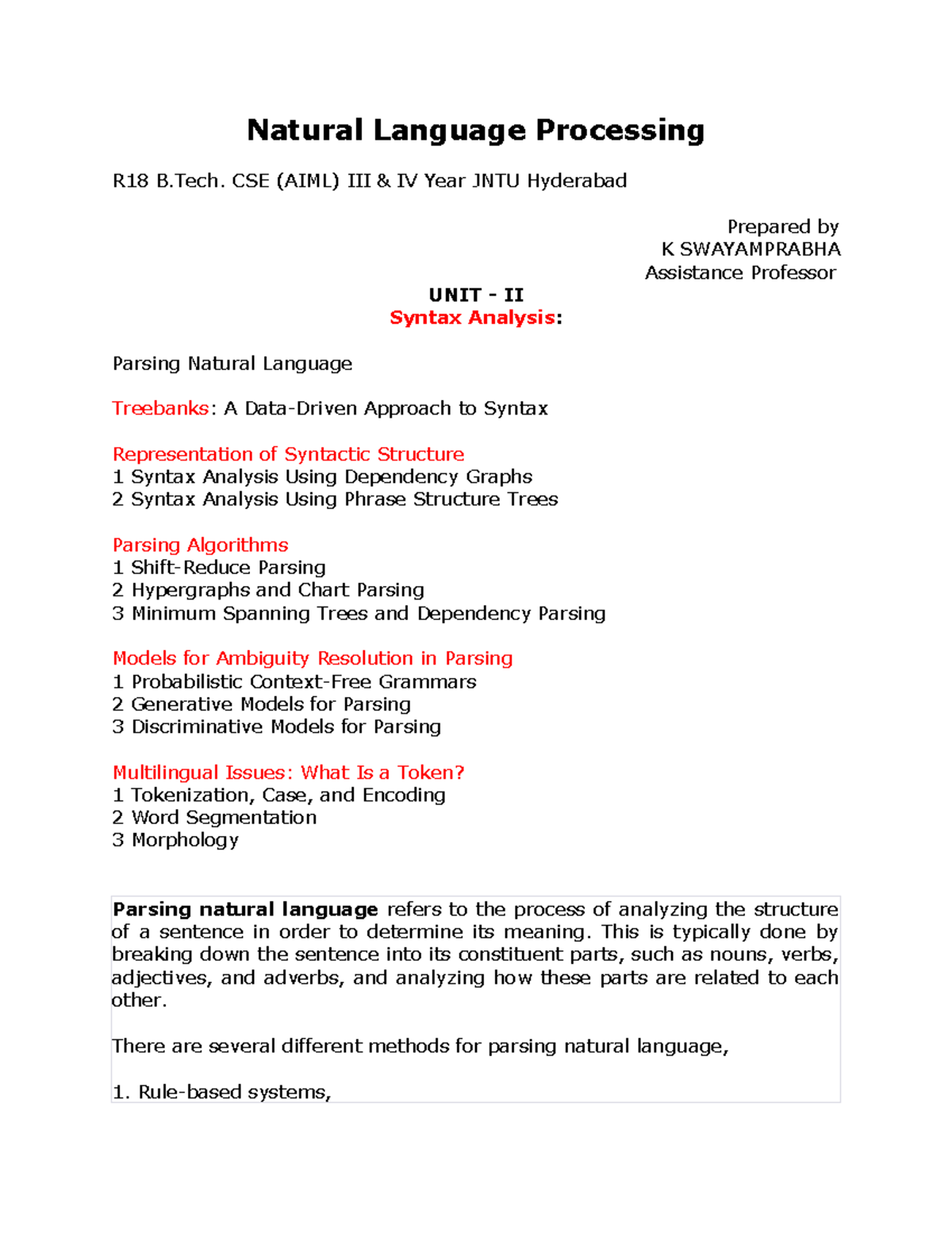 NLP 681797471 Unit II: Syntax Analysis and Parsing Techniques - Studocu