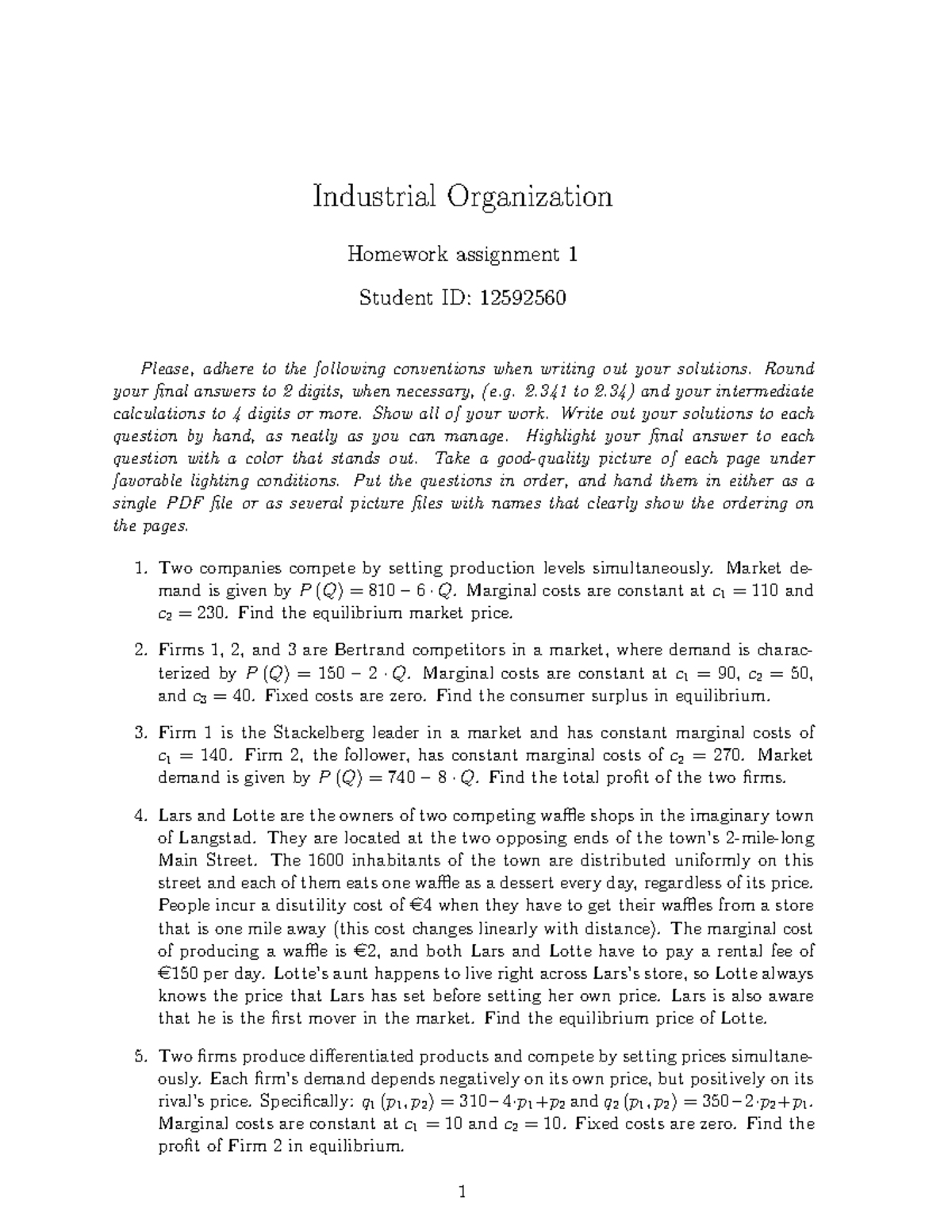 Industrial Organization Homework Assignment 1 - Student ID 12592560 ...