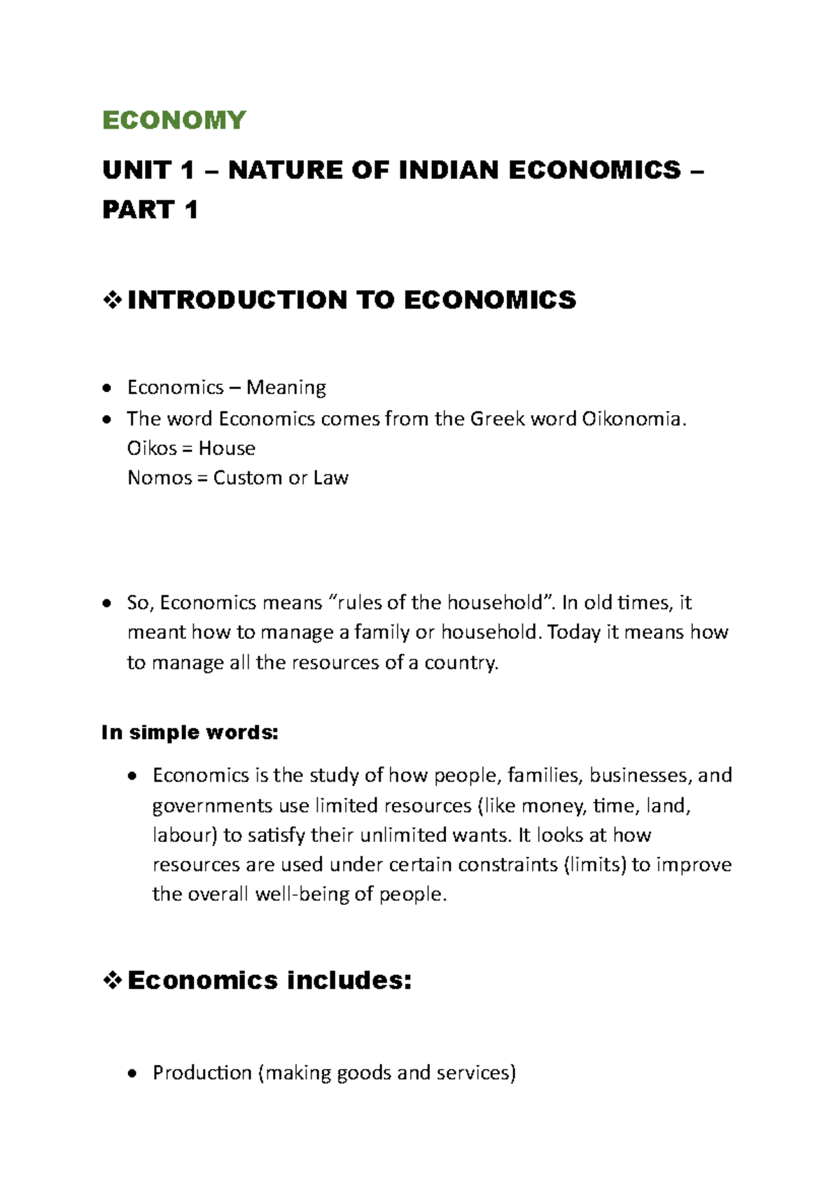 ECON 101: Nature of Indian Economics - Unit 1 Overview - Studocu