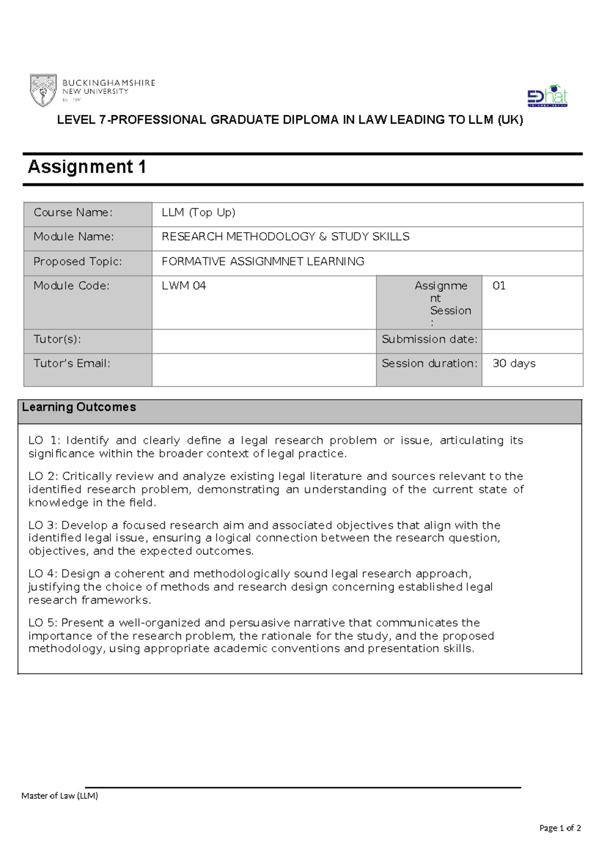 Research-Methodology-Assignment - Page 1 of 2 Master of Law (LLM) LEVEL 7-PROFESSIONAL GRADUATE ...