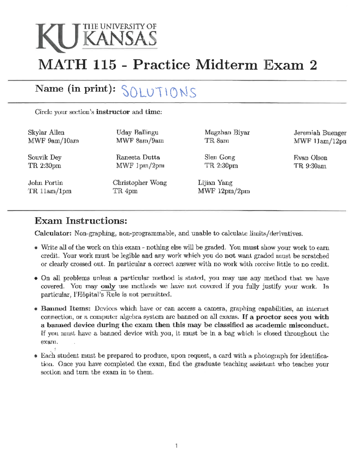 MATH 115 Practice Midterm Exam 2 Solutions and Instructions - Studocu