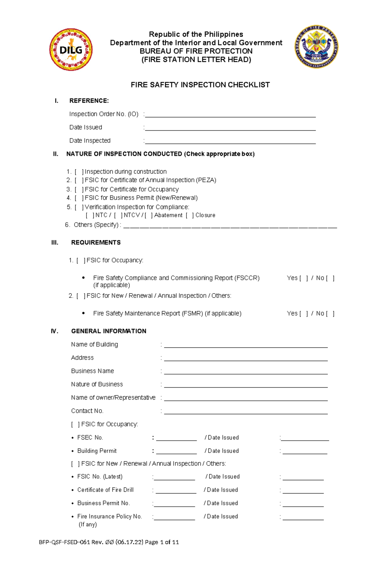 FSED 61F Fire Safety Inspection Checklist - Revised Version - Studocu