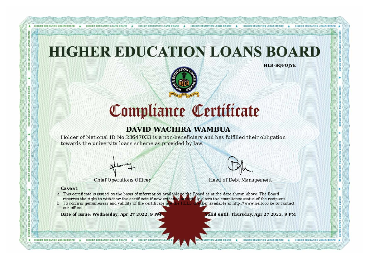 HELB Certificate for David Wachira Wambua (ID No. 23647033) - Studocu