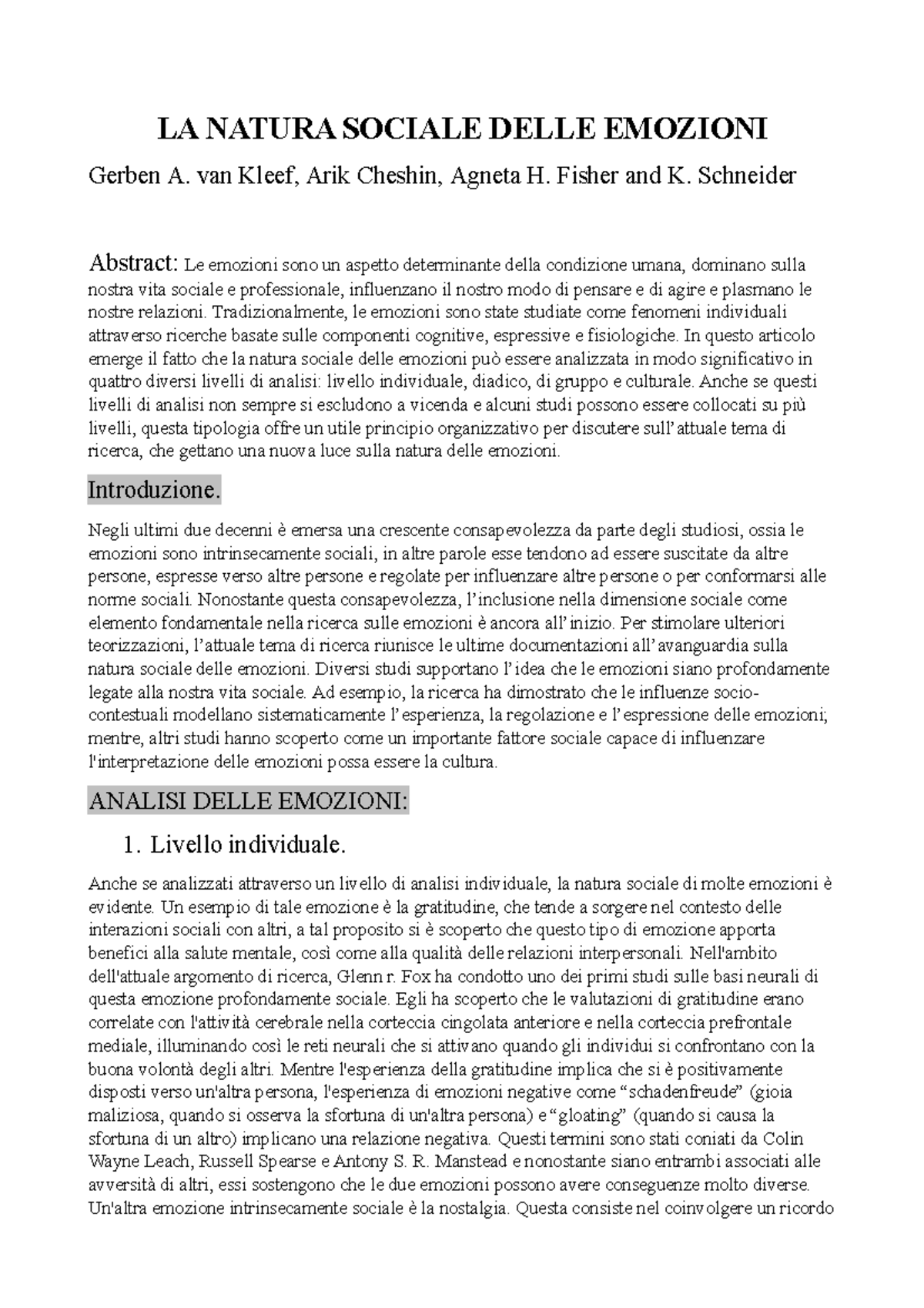 La natura sociale delle emozioni: analisi sui quattro livelli d'analisi ...