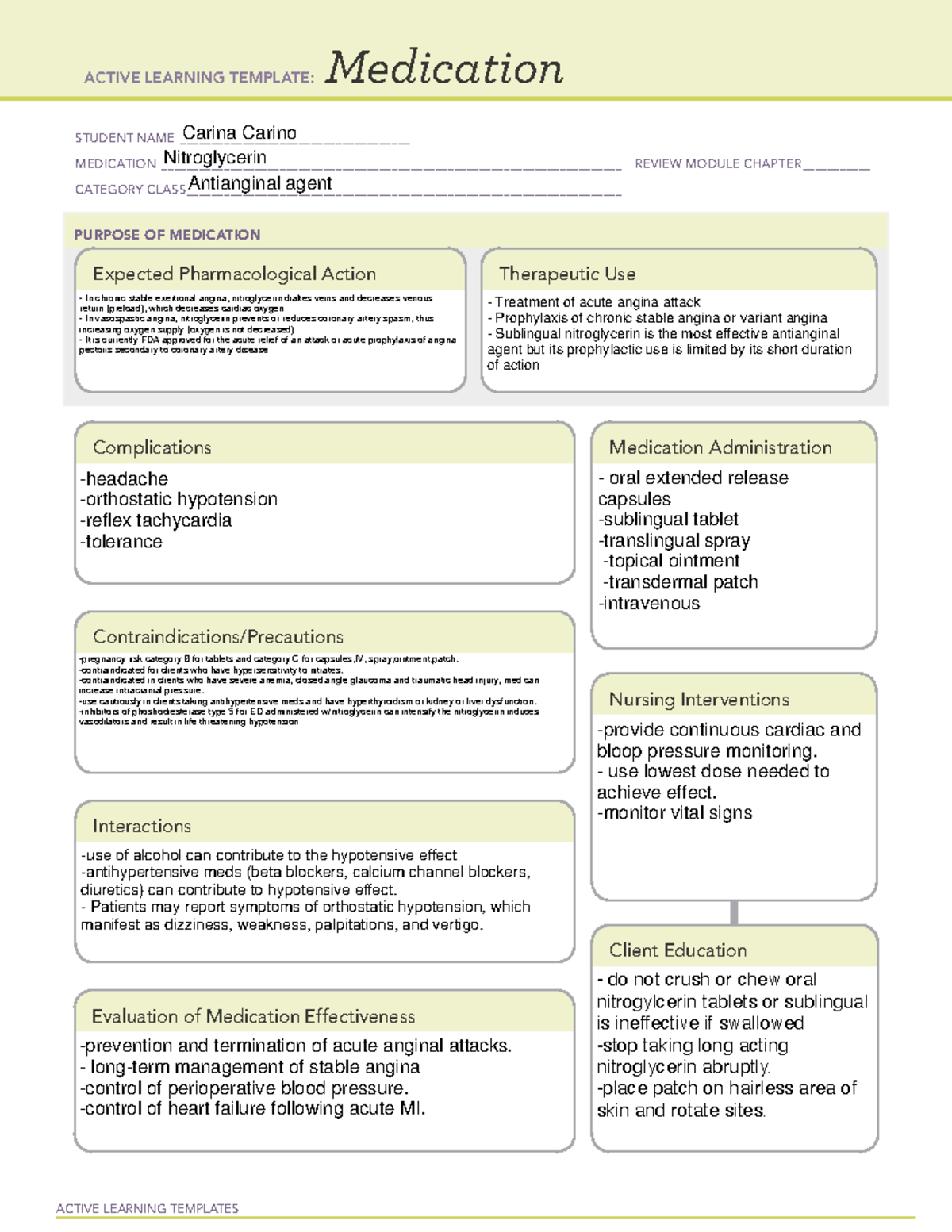 Nitroglycerin Medication Template: ATI Active Learning Guide - Studocu