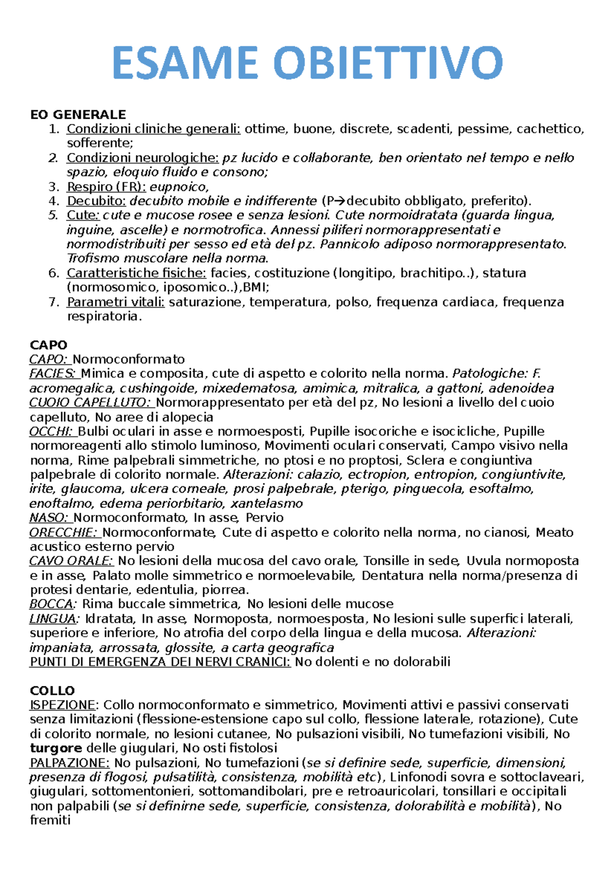 Esame Obiettivo - Guida Completa per l'EO Generale e Specifico - Studocu