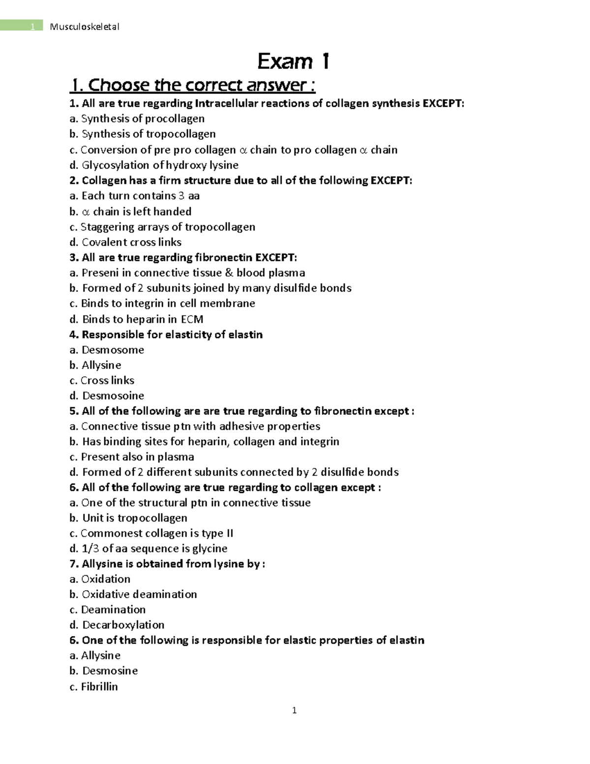 MSK 101 - Exam 1 Review: Collagen Synthesis & Properties - Studocu