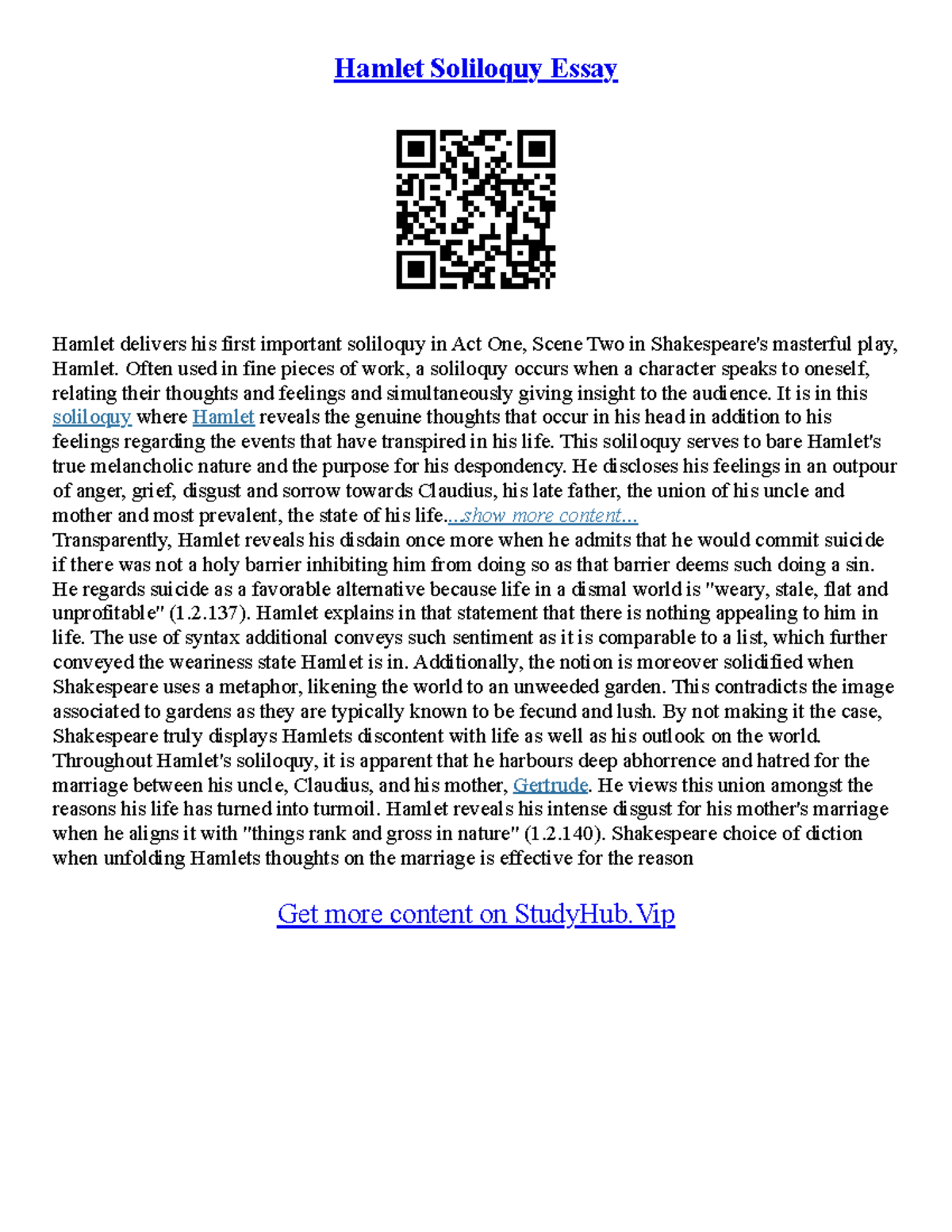 Hamlet (ENG 201) Soliloquy Essay: Analysis of Themes and Emotions - Studocu