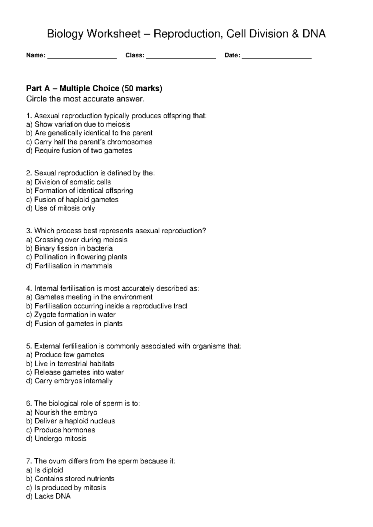 Biology Worksheet - Reproduction & Cell Division Notes - Studocu