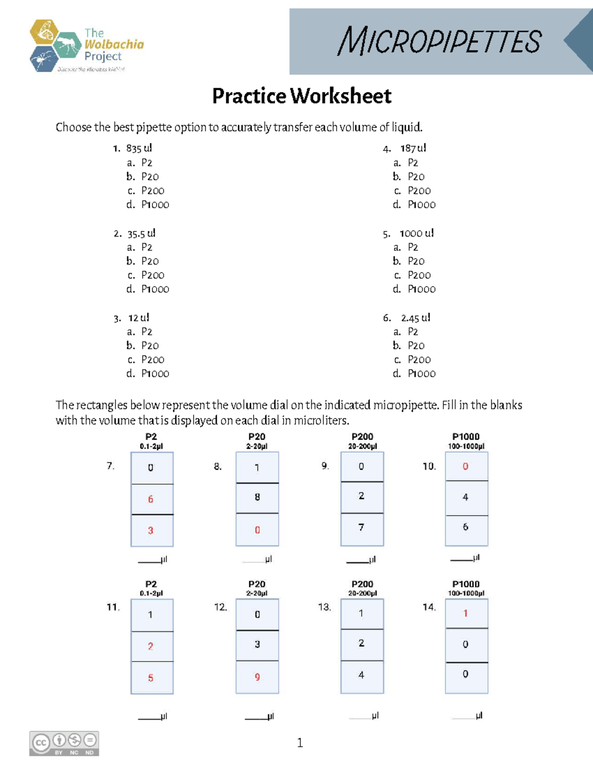 Micropipette-Practice-Worksheet - Choose the best pipette option to ...