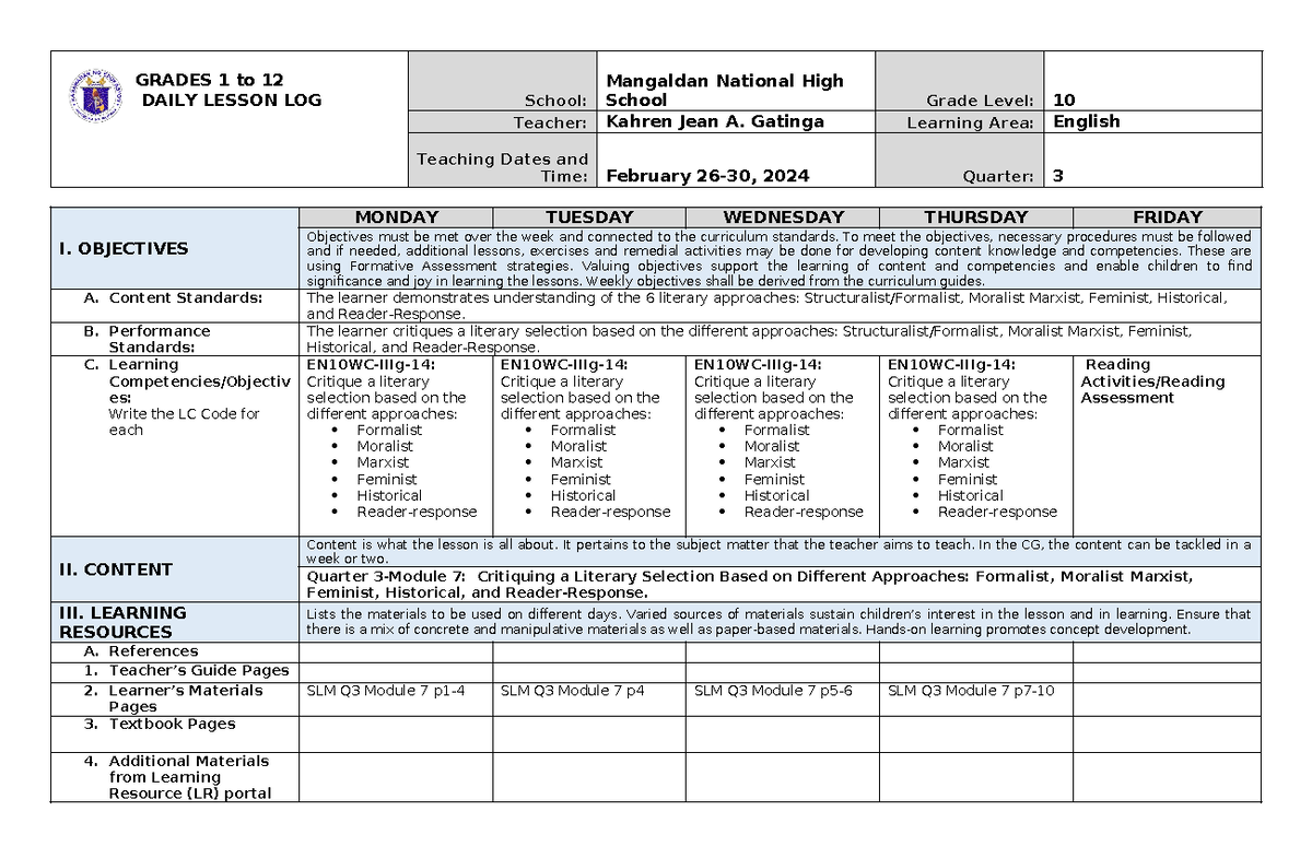 DLL: Literary Approaches Critique Guide for Grade 10 English - Studocu