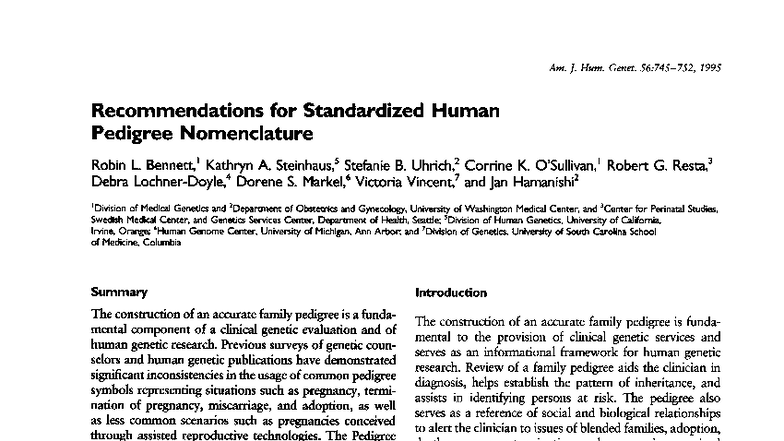Am. J. Hum. Genet. 1995: Standardized Human Pedigree Nomenclature - Studocu