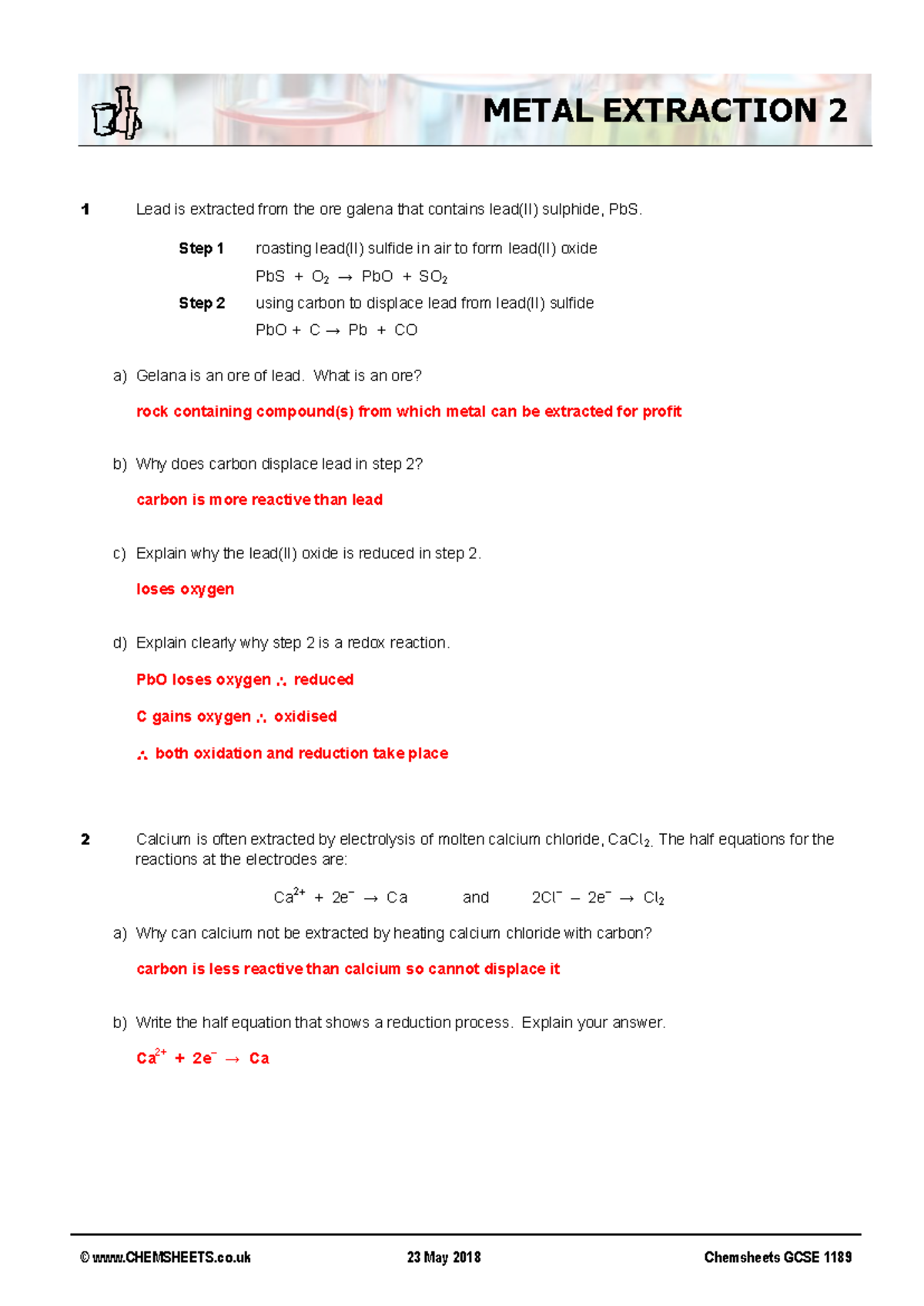 Lesson 3 - Metal Extraction Worksheet 2 Answers - Studocu