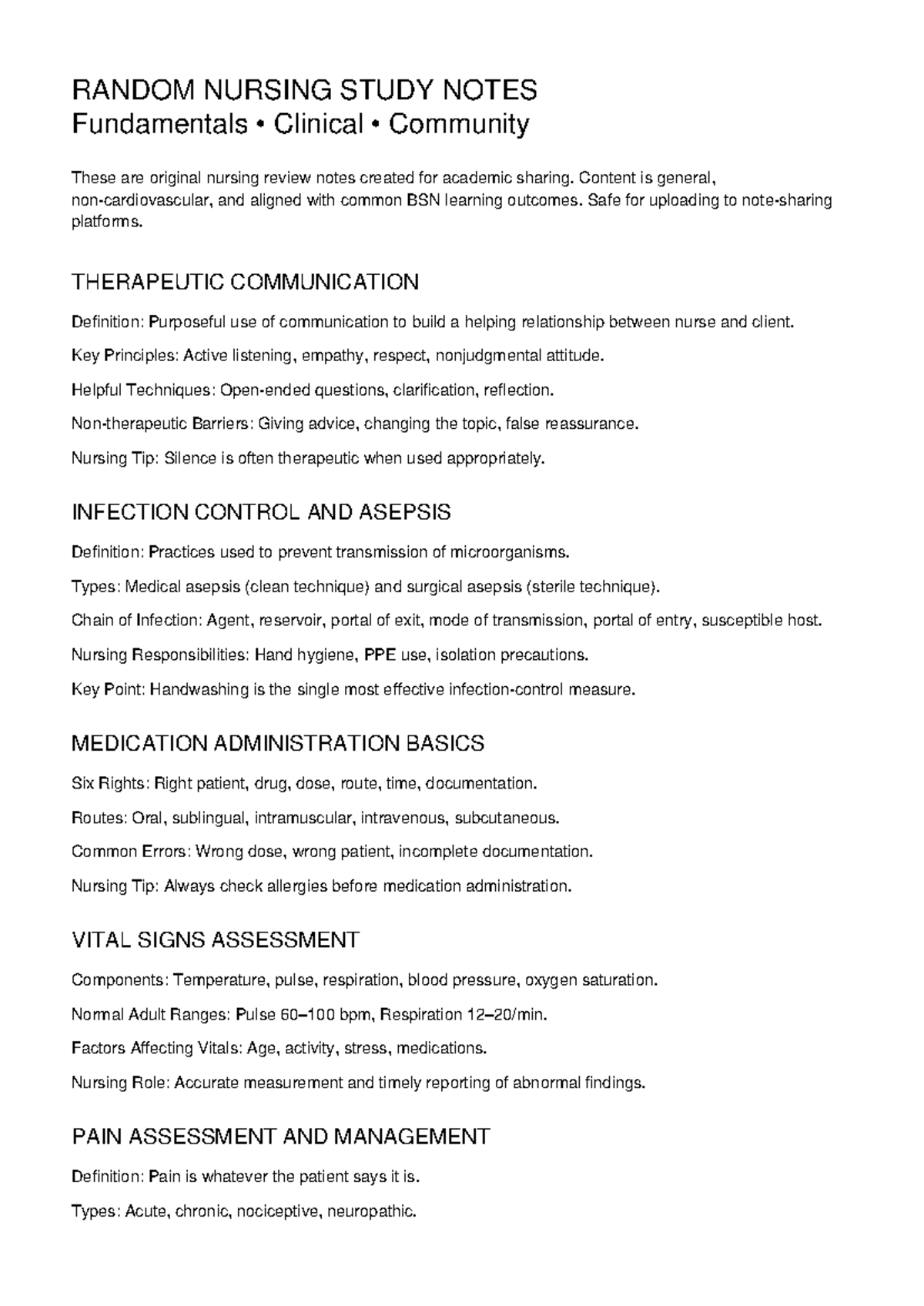 Fundamentals of Nursing (NURS 101) - General Study Notes - Studocu