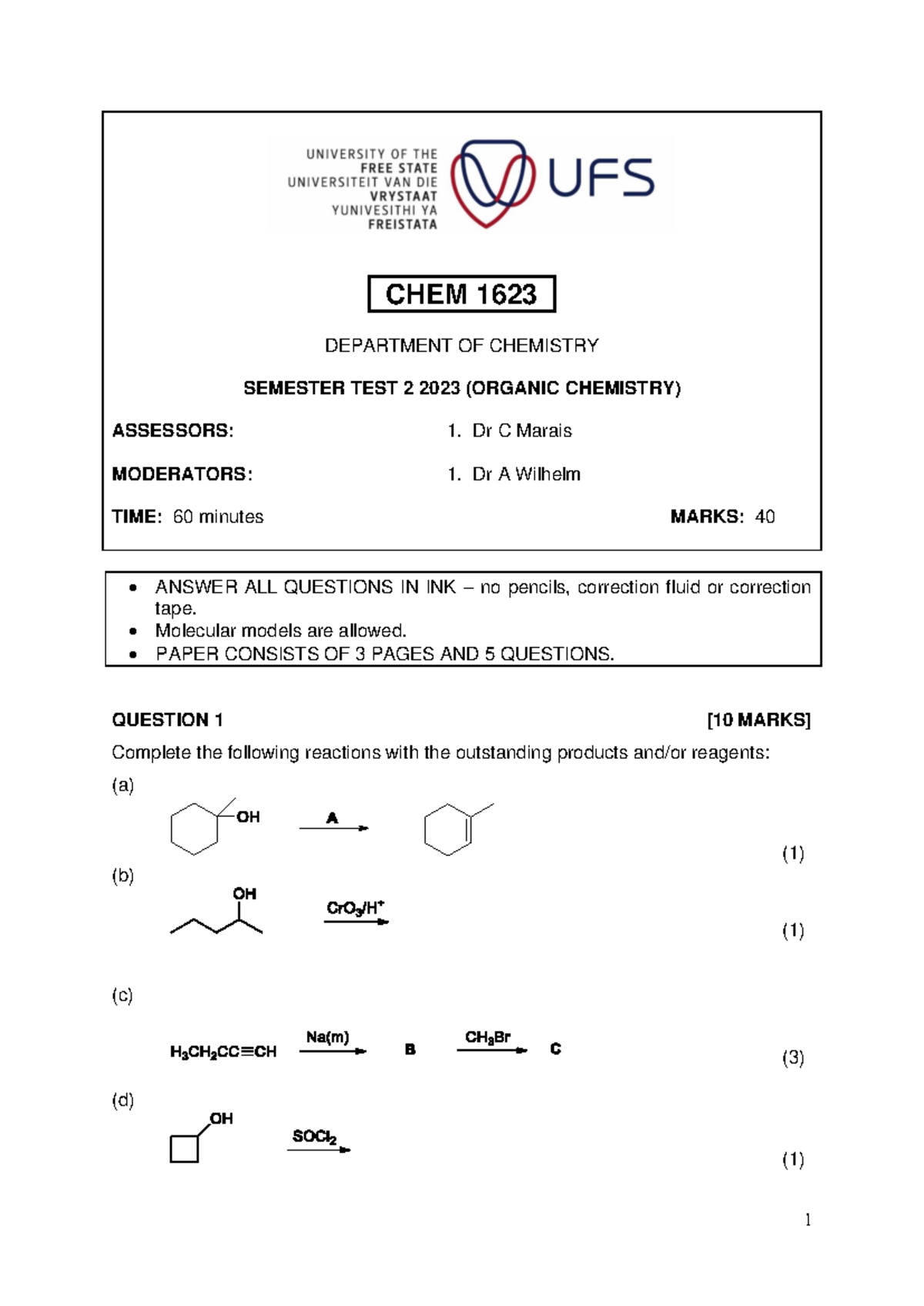 CHEM 1623c Semester Test 2 2023 - Organic Chemistry Notes - Studocu