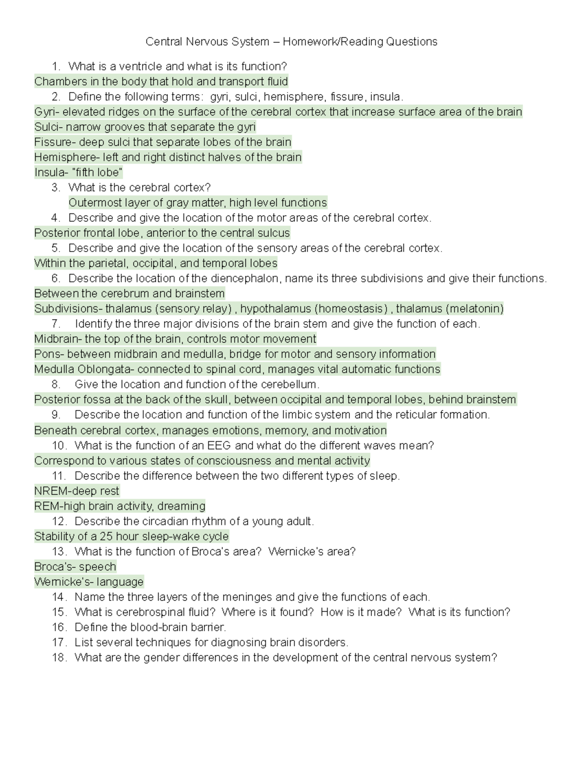 CNS 101: Homework Questions on Central Nervous System Functions - Studocu