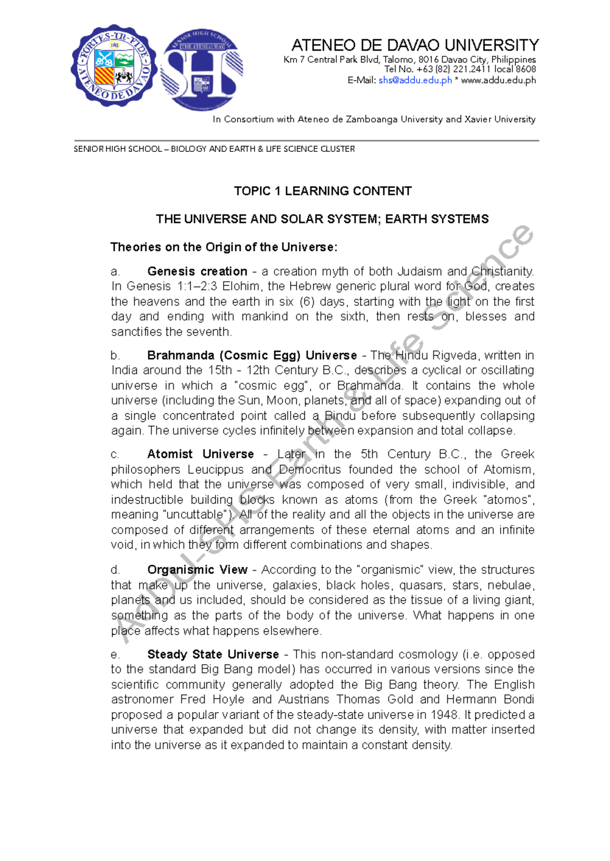 ELS 12 Earth & Life Science: The Universe, Solar System & Earth Systems ...
