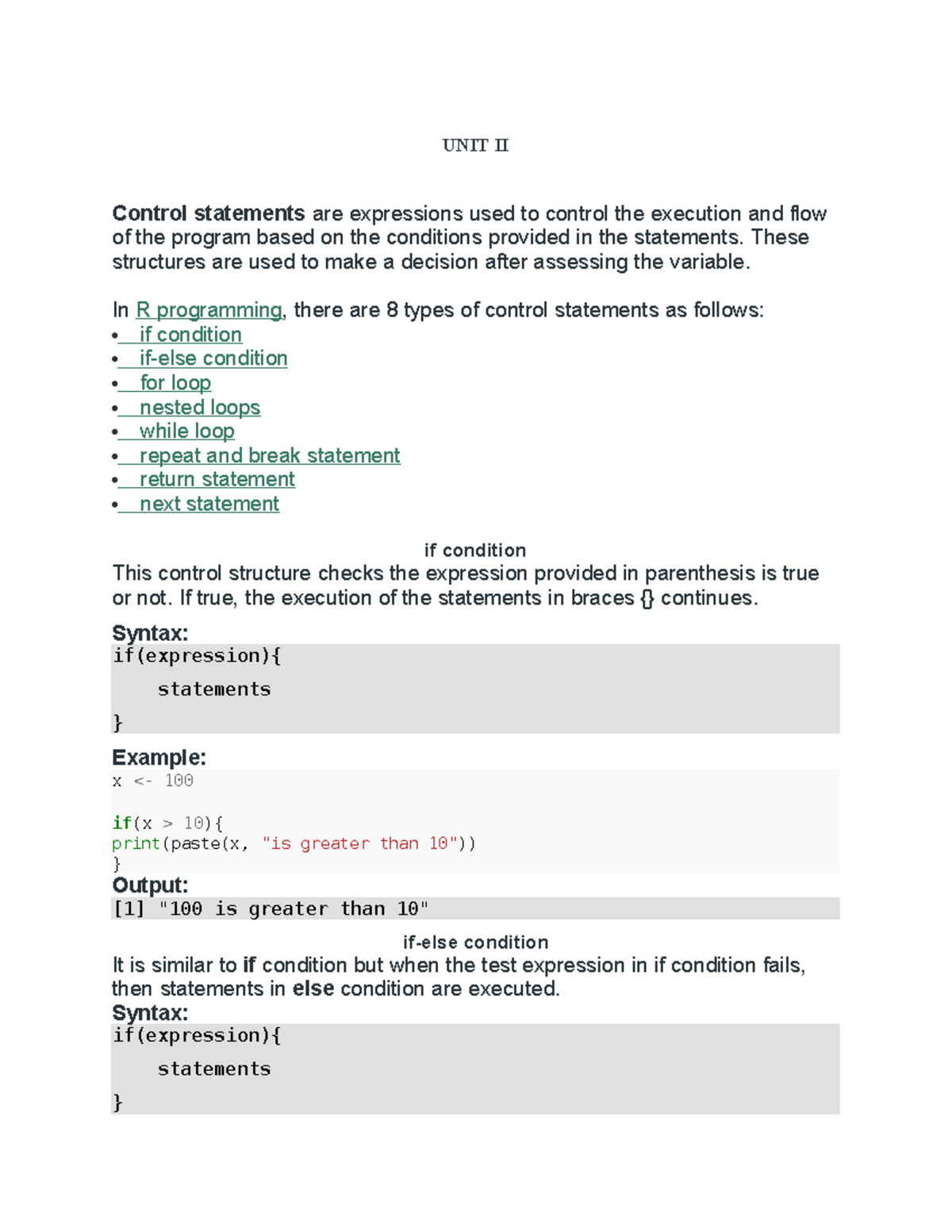 Unit II - Control Structures in R Programming - Studocu