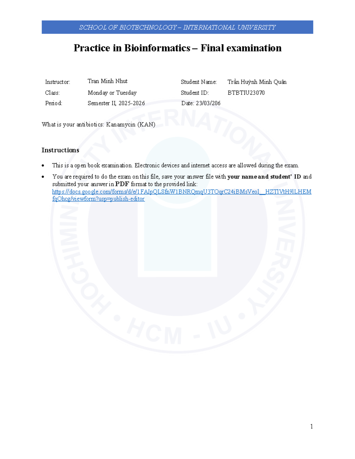 BTBT 230 - Bioinformatics Final Exam Notes on Kanamycin - Studocu