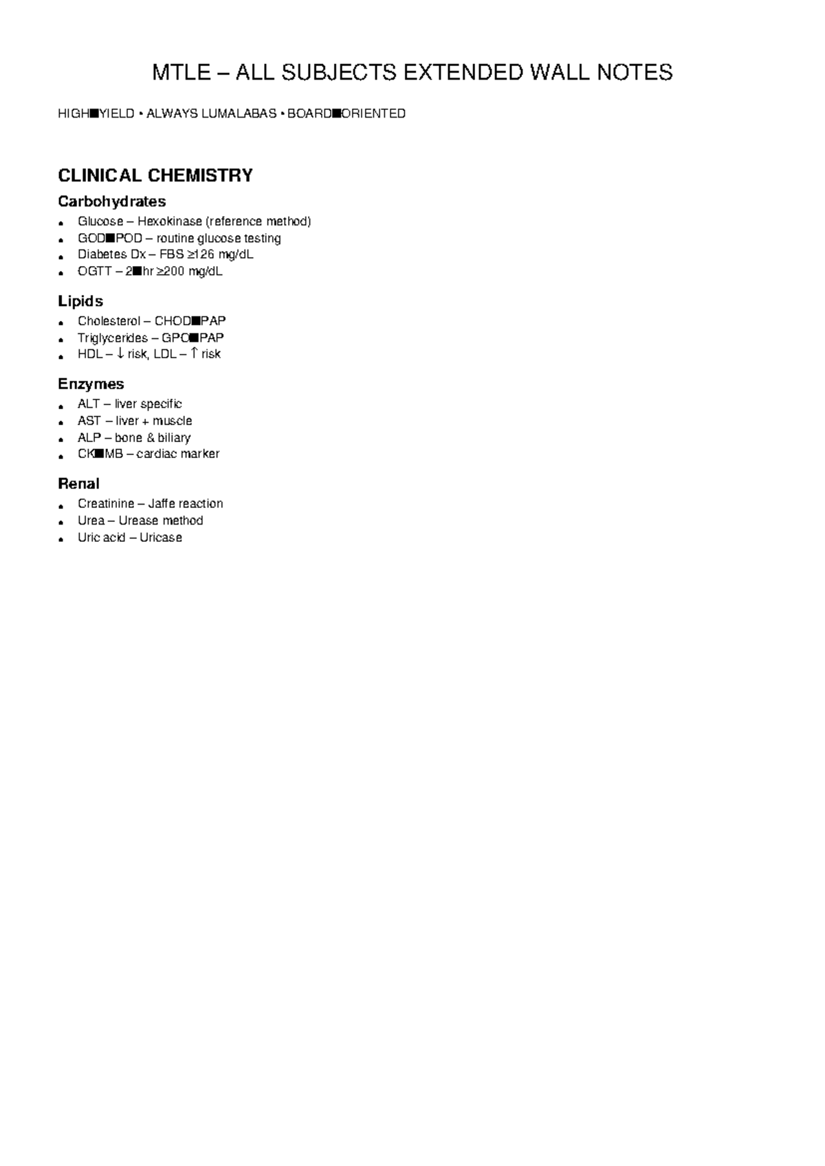 MTLE ALL SUBJECTS EXTENDED WALL NOTES: CLINICAL CHEMISTRY & HEMATOLOGY ...