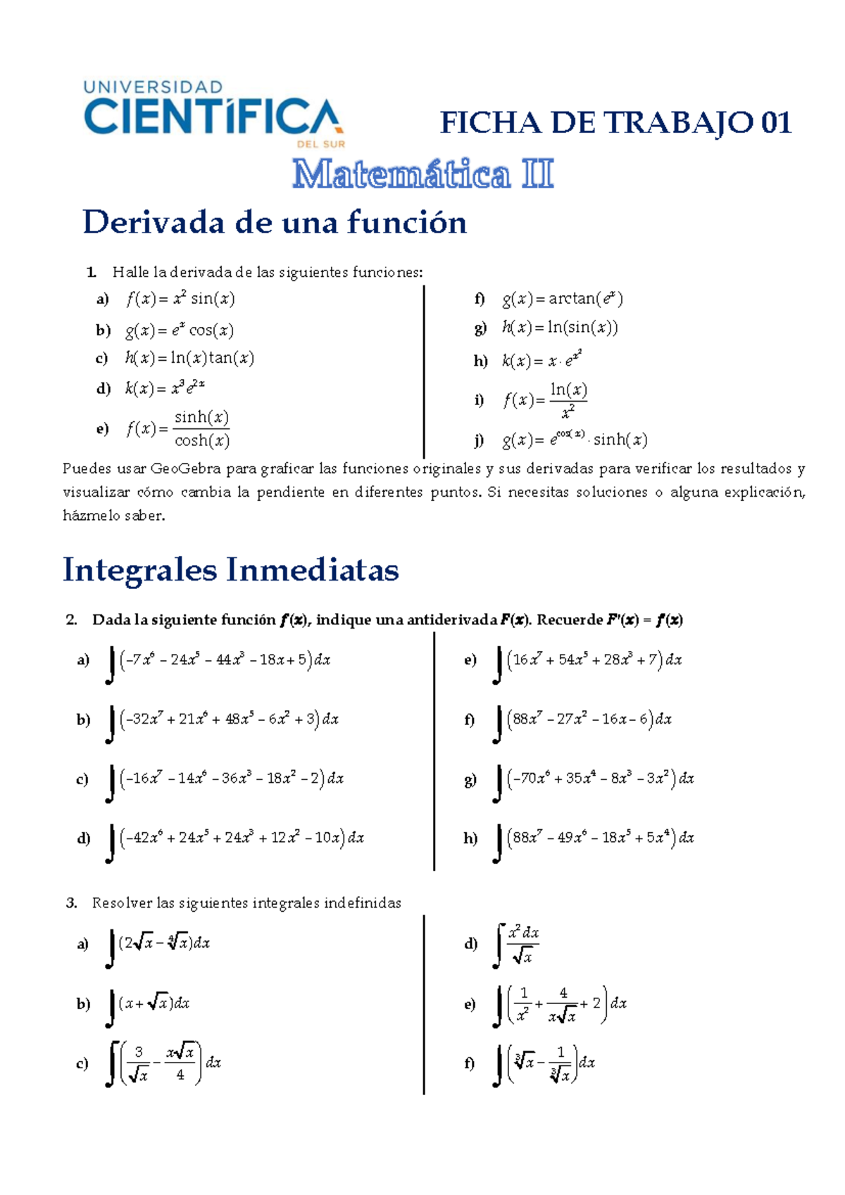 Matematica II: Ficha de Trabajo 01 - Derivadas e Integrales - Studocu