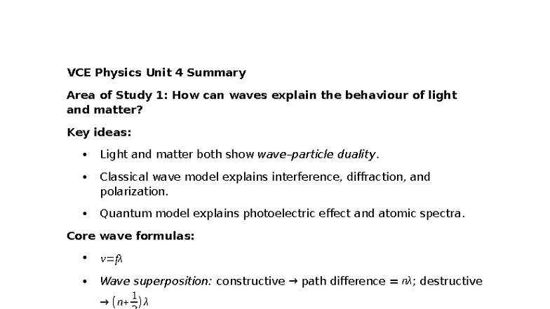 VCE Physics Unit 4 Summary: Waves, Light, and Energy Conservation - Studocu