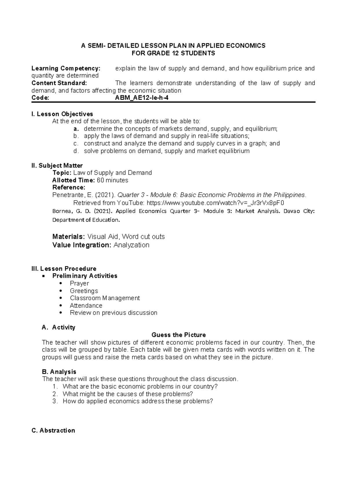 Detailed Lesson Plan: Law of Supply and Demand in Applied Economics ...