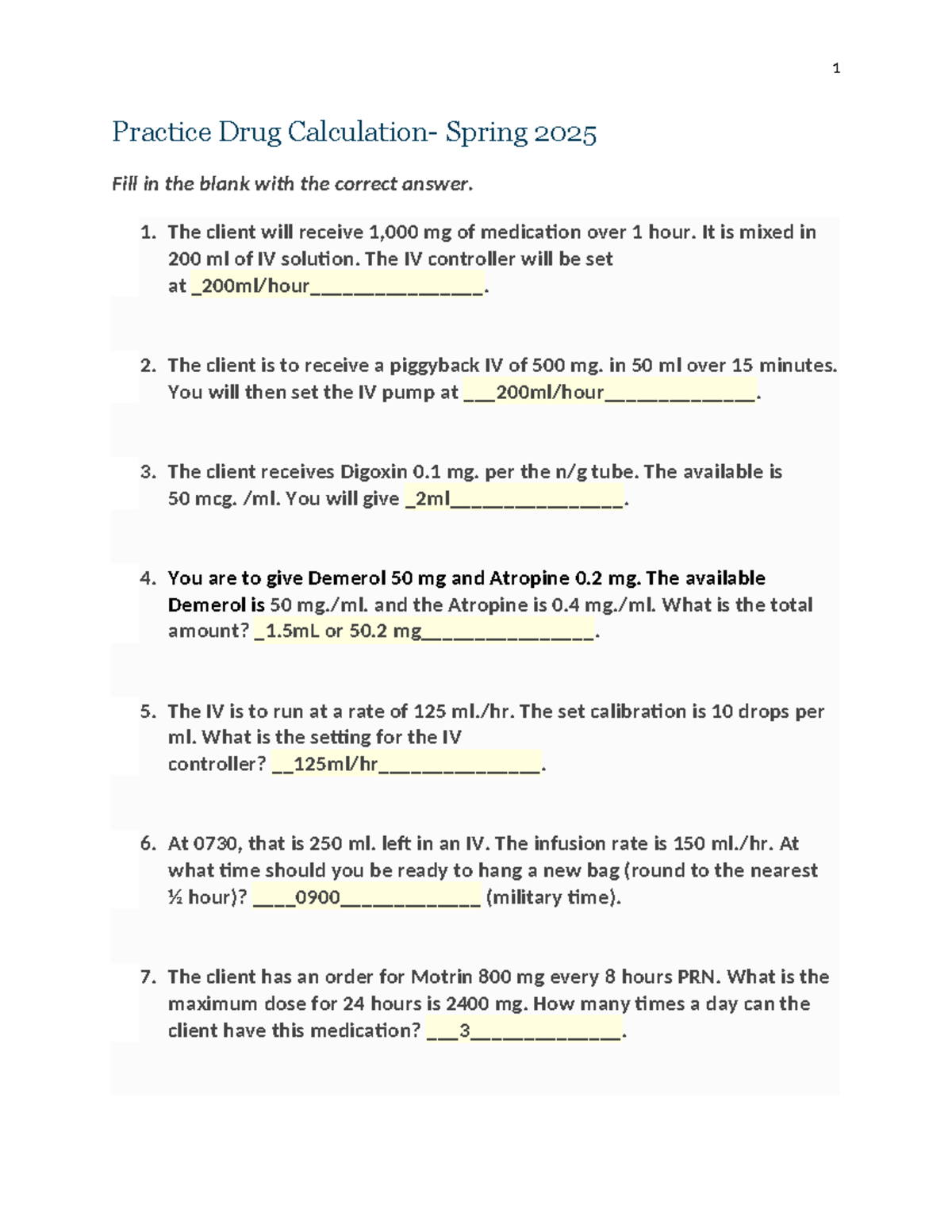Spring 2025 Drug Calculation Practice Questions and Answers - Studocu