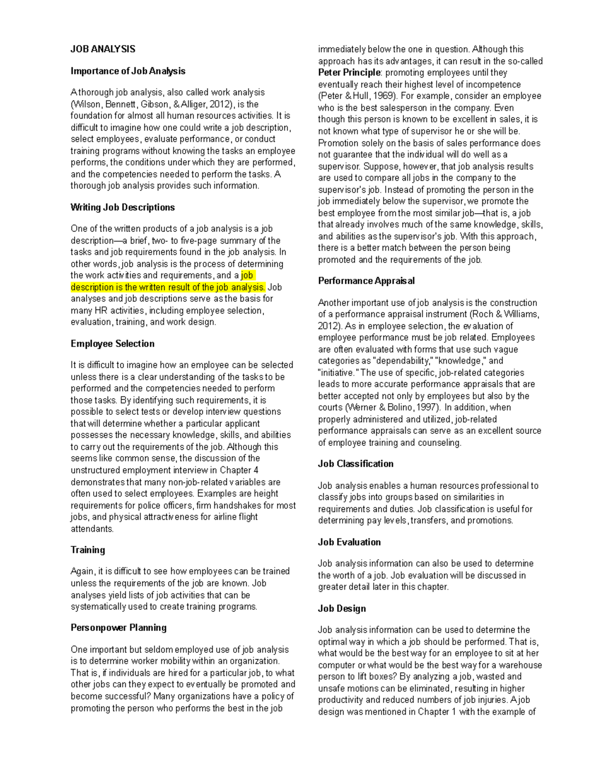 JOB Analysis - chapter 2 - JOB ANALYSIS Importance of Job Analysis A thorough job analysis, also ...