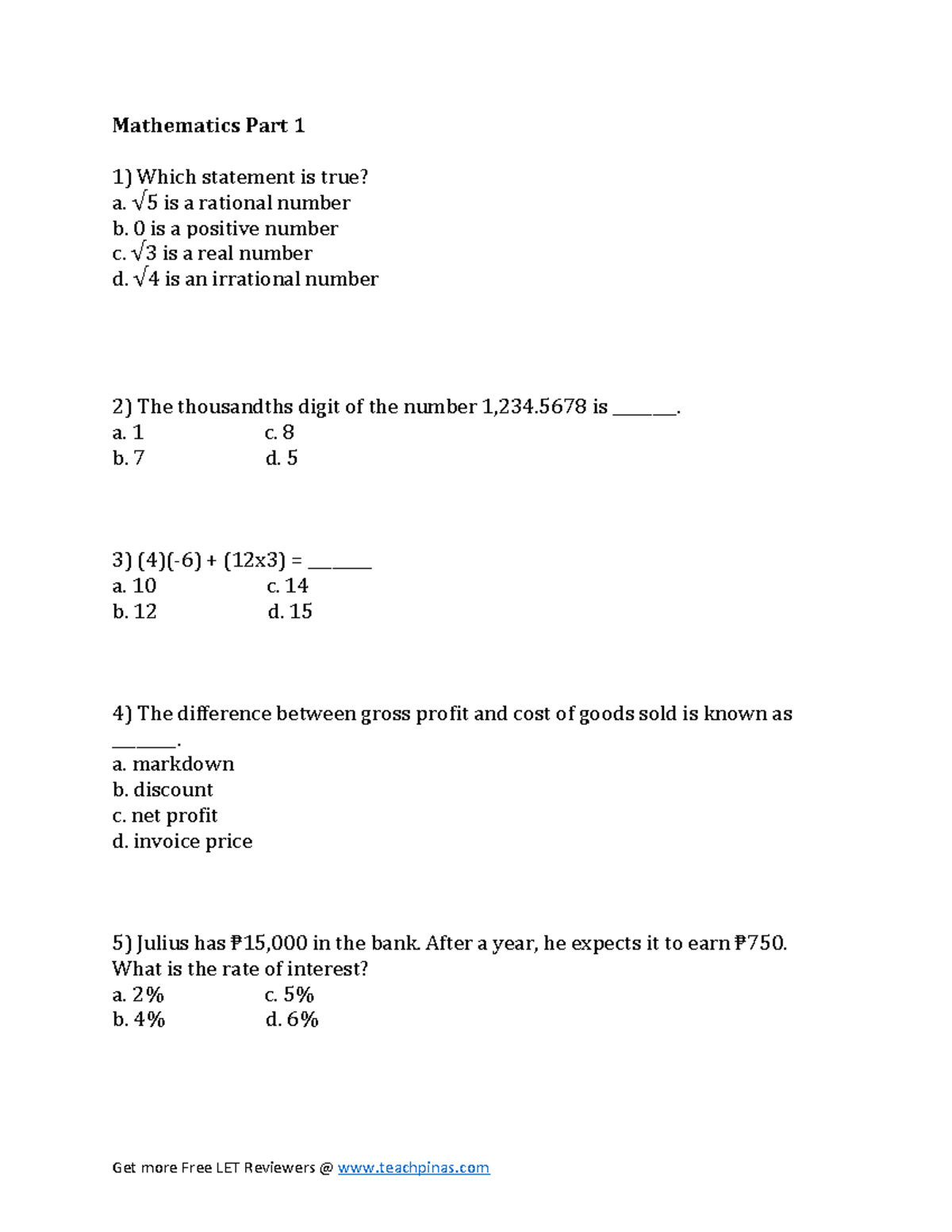 Mathematics LET Part 1 Actual Exam Questions and Answers - Studocu