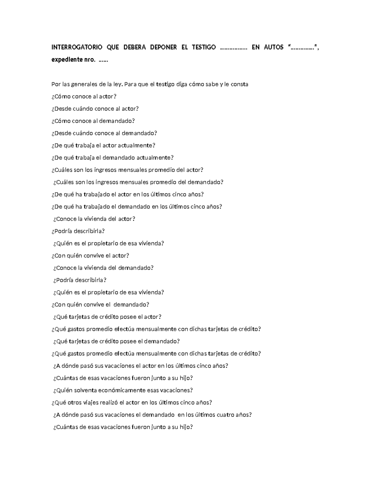 Modelo de Interrogatorio Testigos Juicio Alimentario - Studocu